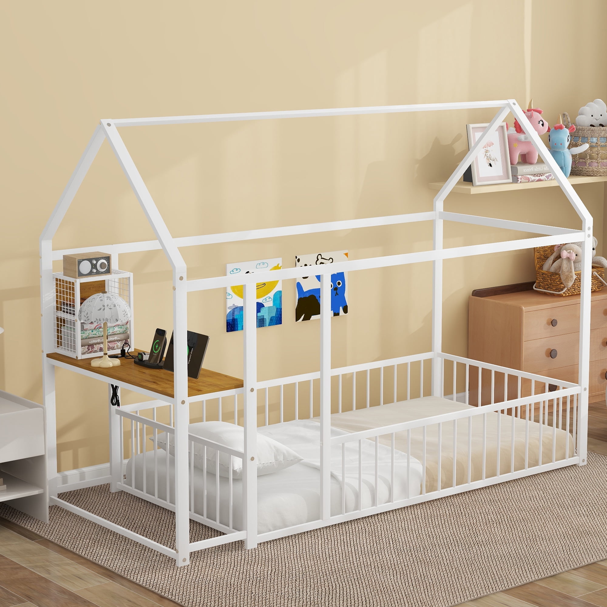Twin Size Metal Bed House Bed Frame with Desk, Shelves, Power Outlets ...