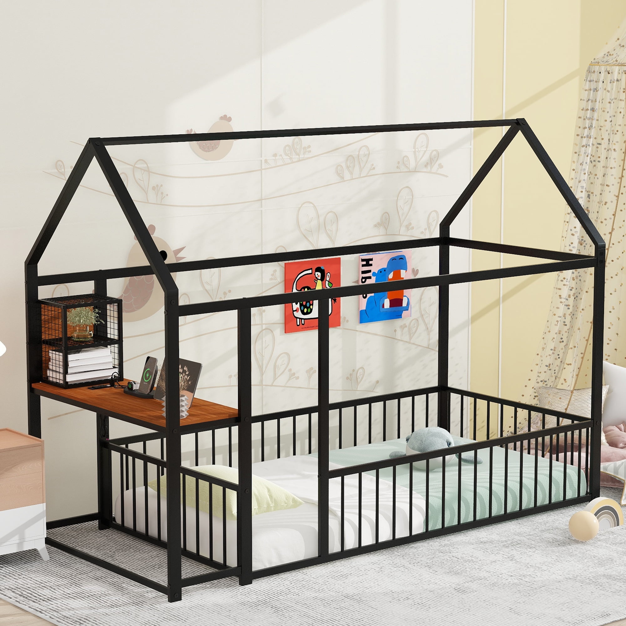 Twin Size Metal Bed House Bed Frame with Desk,Shelves,Power Outlets and ...