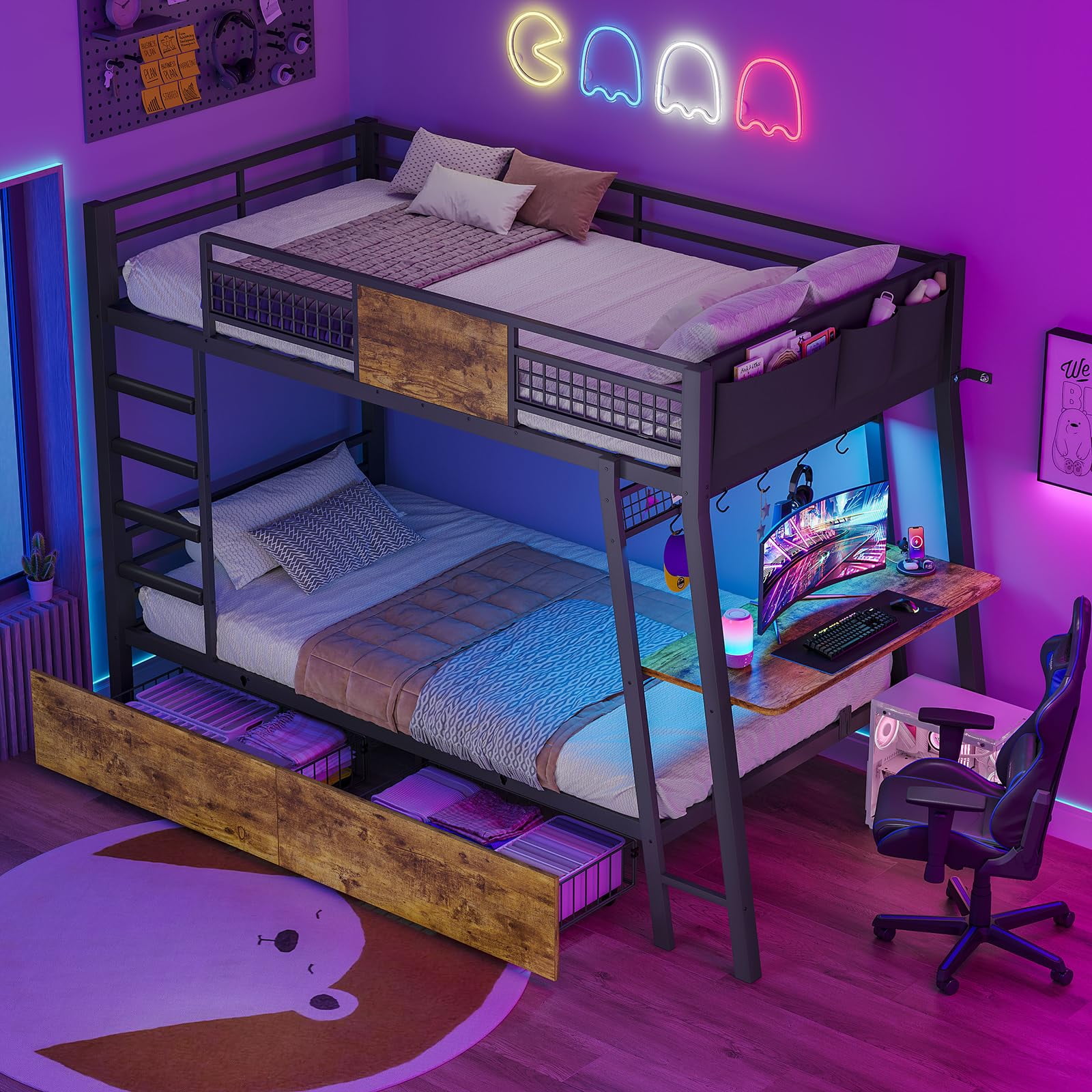 Twin Size Metal Bunk Beds with Desk and 2 Storage Drawers, Twin Over ...