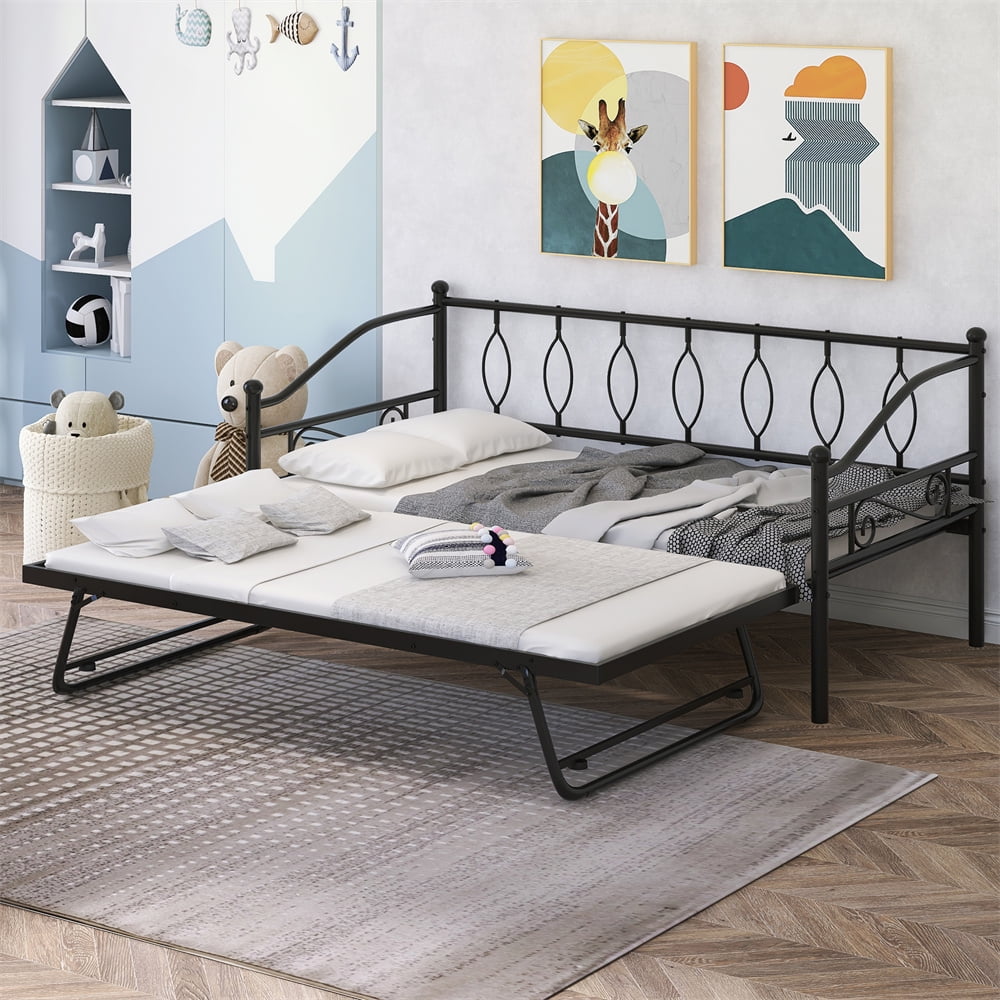Twin Size Metal Daybed with Adjustable Trundle, Heavy-Duty Steel Daybed ...