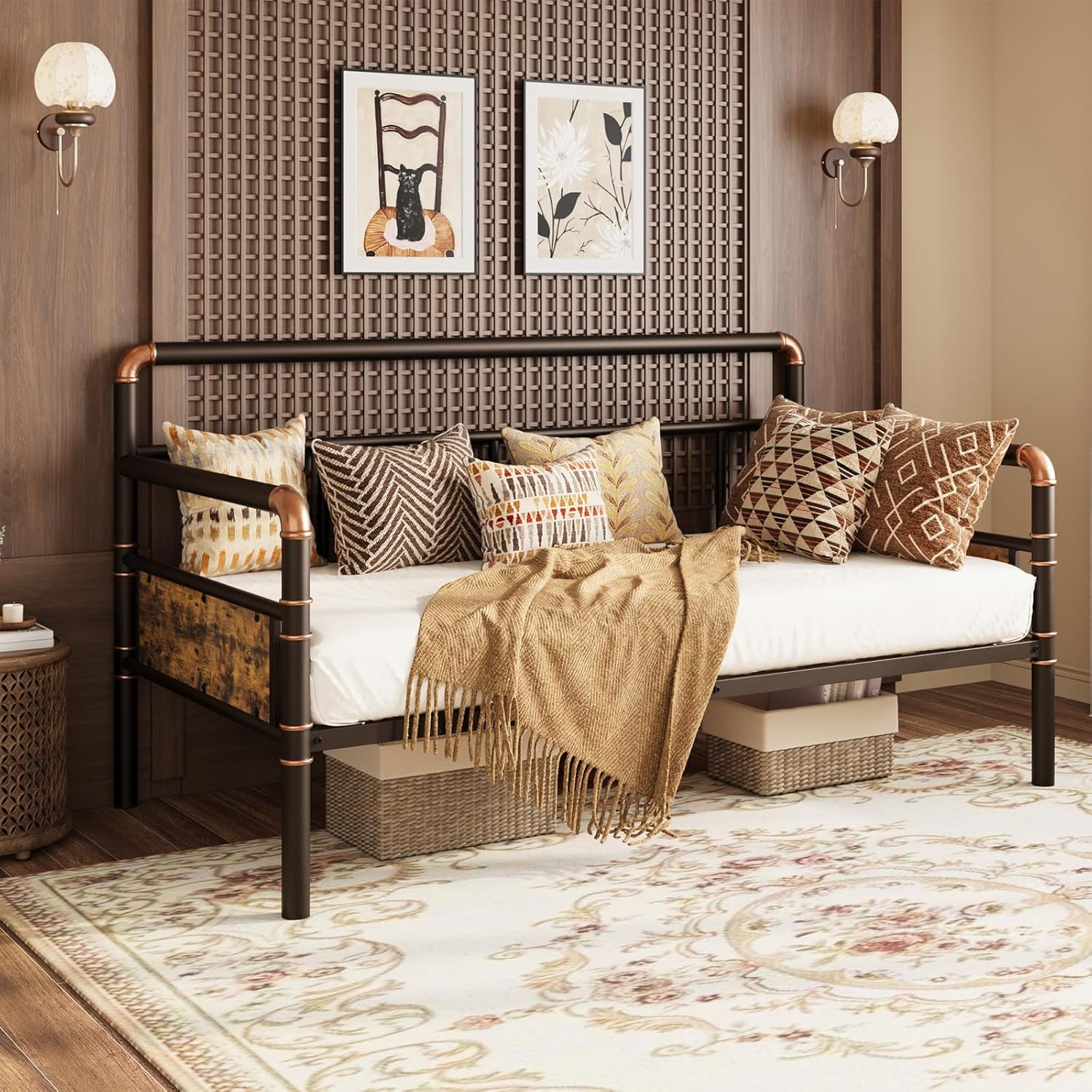 Twin Size Metal Daybed Frame with Wood Grain Headboard, Heavy Duty ...