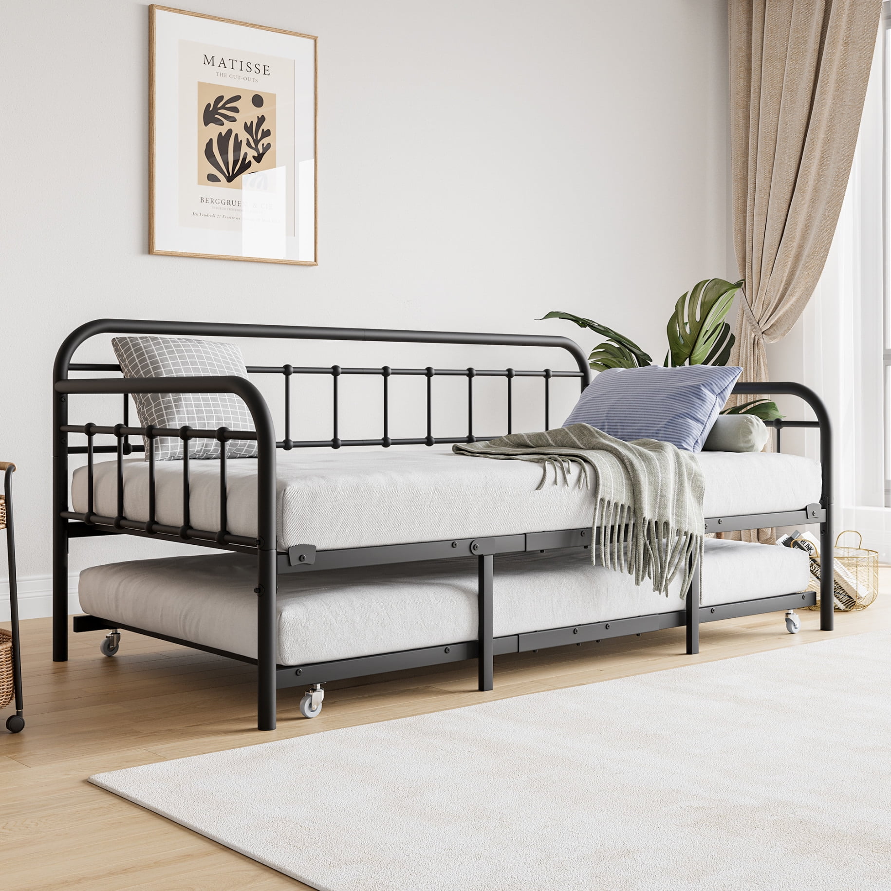 Twin Size Metal Daybed with Trundle,Heavy Duty Steel Slat Support Sofa ...