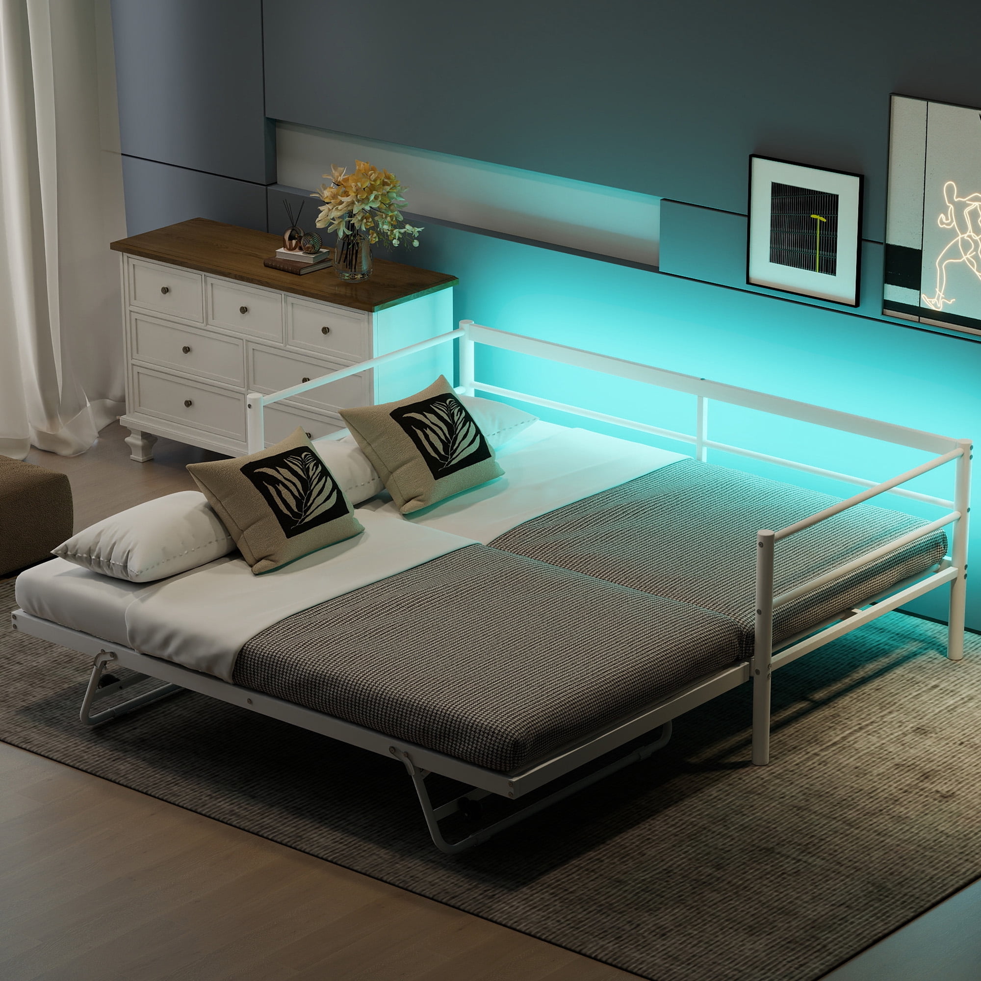 Twin Size Metal Daybed with LED and Adjustable Trundle, Pop Up Trundle ...