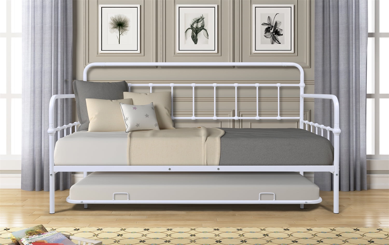 Twin Size Metal Frame Daybed with Trundle,Heavy Duty Steel Slat Support ...