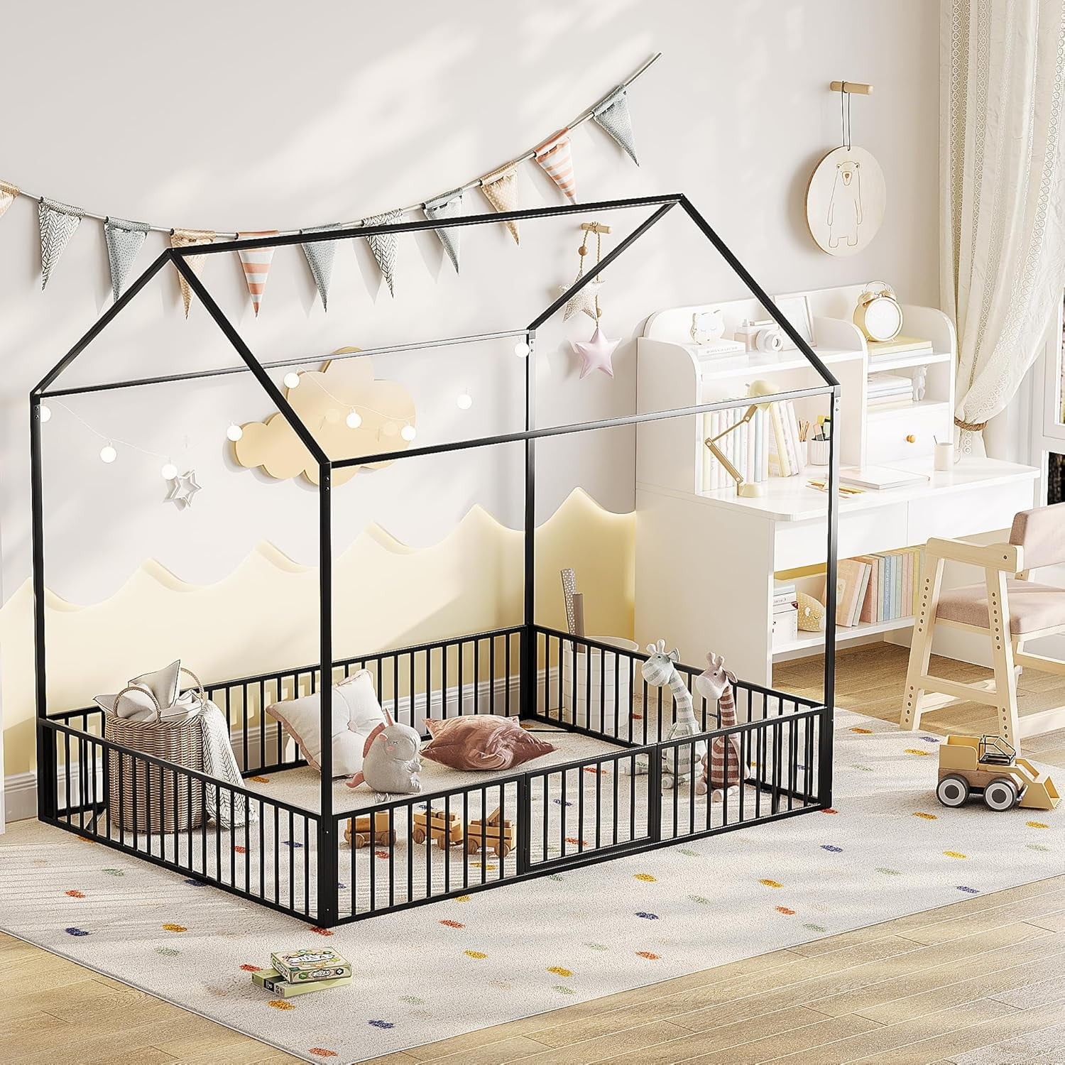 Twin Size Metal House Bed Frame for Kids – Montessori Floor Bed with ...