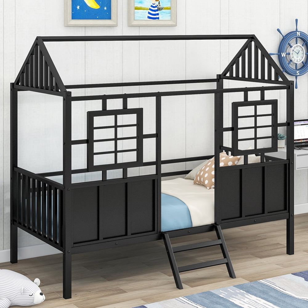 Twin Size Metal House Bed Frame, Semi Enclosed Space Low Loft Bed with ...