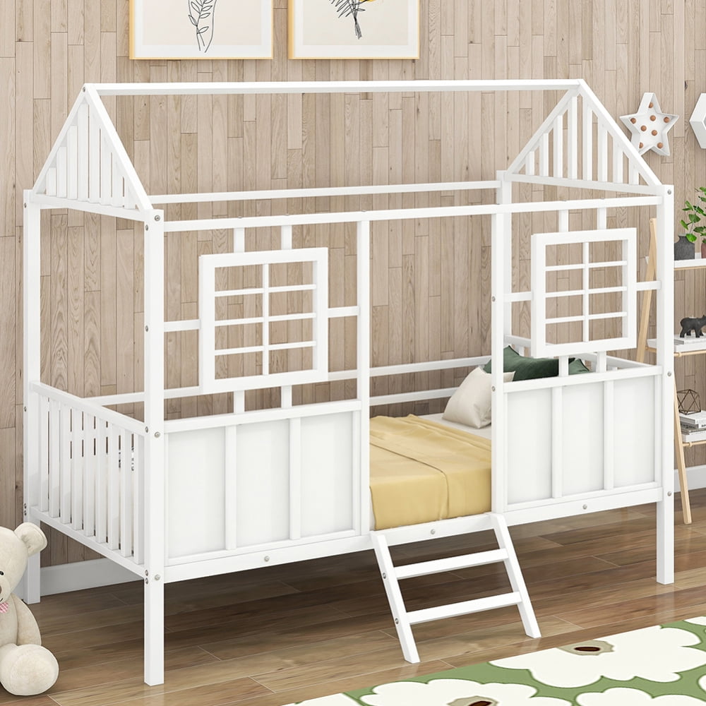 Twin Size Metal House Bed Frame, Semi Enclosed Space Low Loft Bed with ...