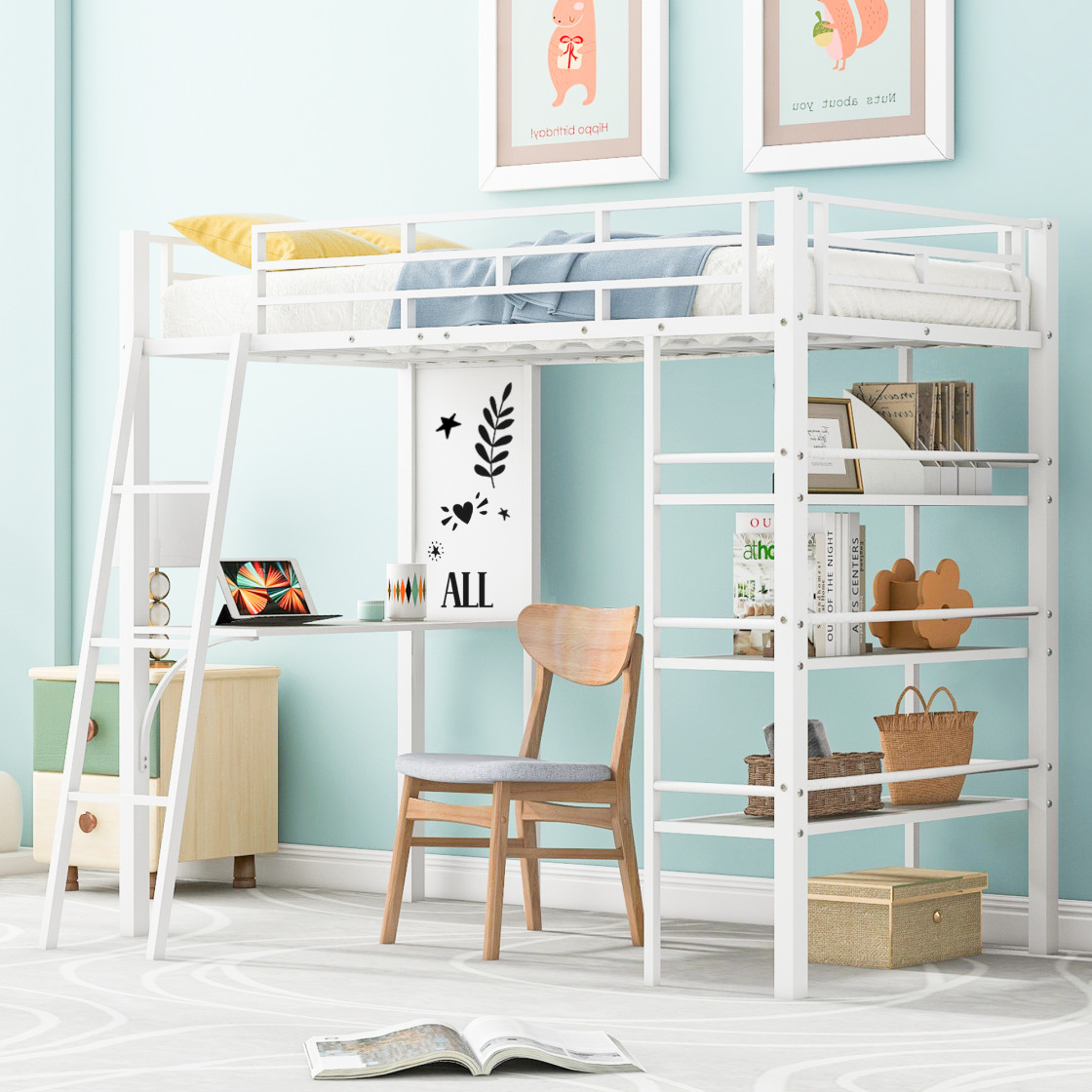 Twin Size Metal Loft Bed with 3 Layers of Shelves and Desk, Modern ...
