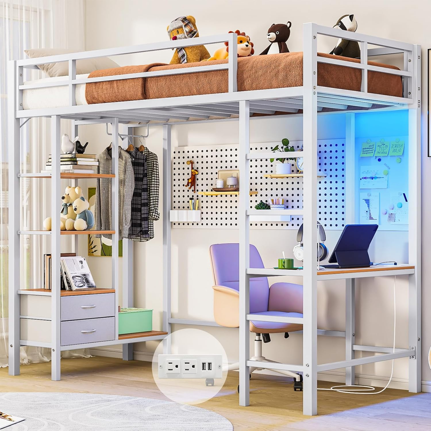 Twin Size Metal Loft Bed with Desk and Shelves, Twin LED Loft Bed with ...