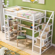 Full Size Loft Bed with Desk, Metal-Framed Stairway Bed with Storage Staircase and Small ...