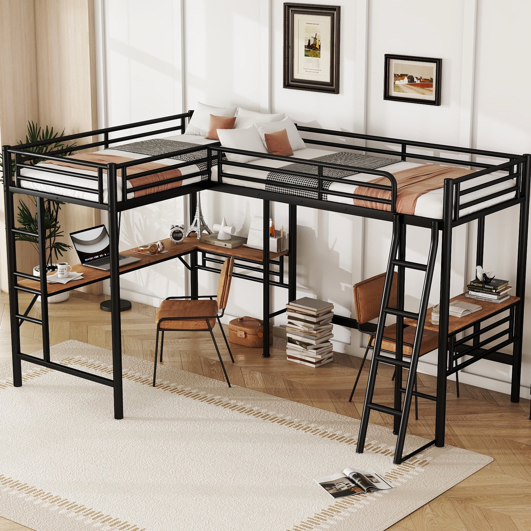 Twin Size Metal Loft Bed | Two Built-in Desks for Work & Study | Space ...