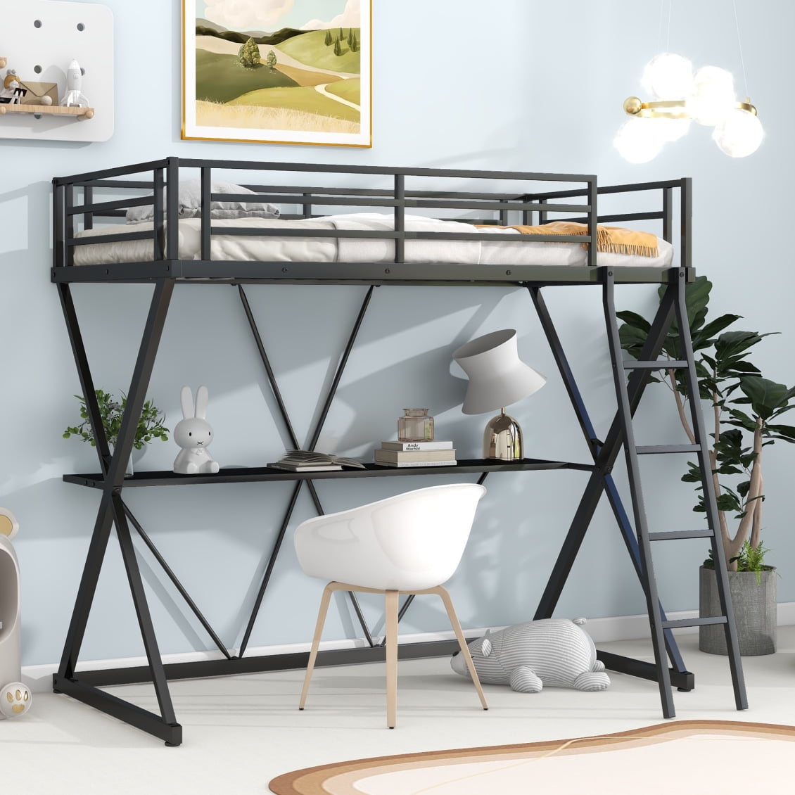 Twin Size Metal Loft Bed with Desk, High Loft Bed Frame with X-shaped ...