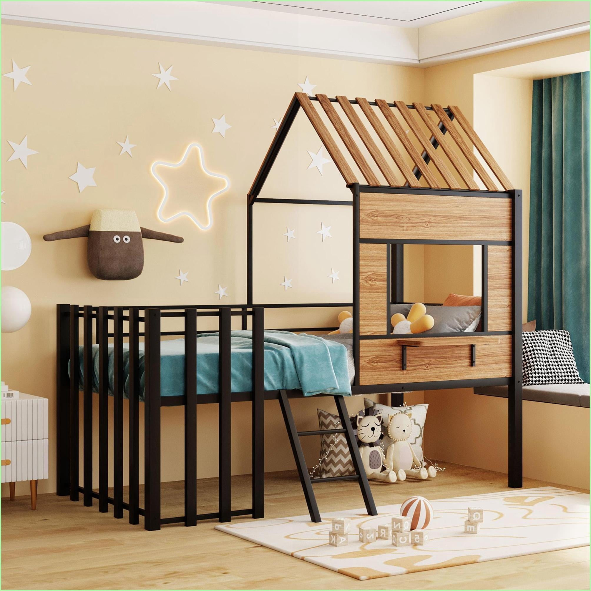 Twin Size Metal Loft Bed with House Roof & Window, 300LBS Capacity, No ...