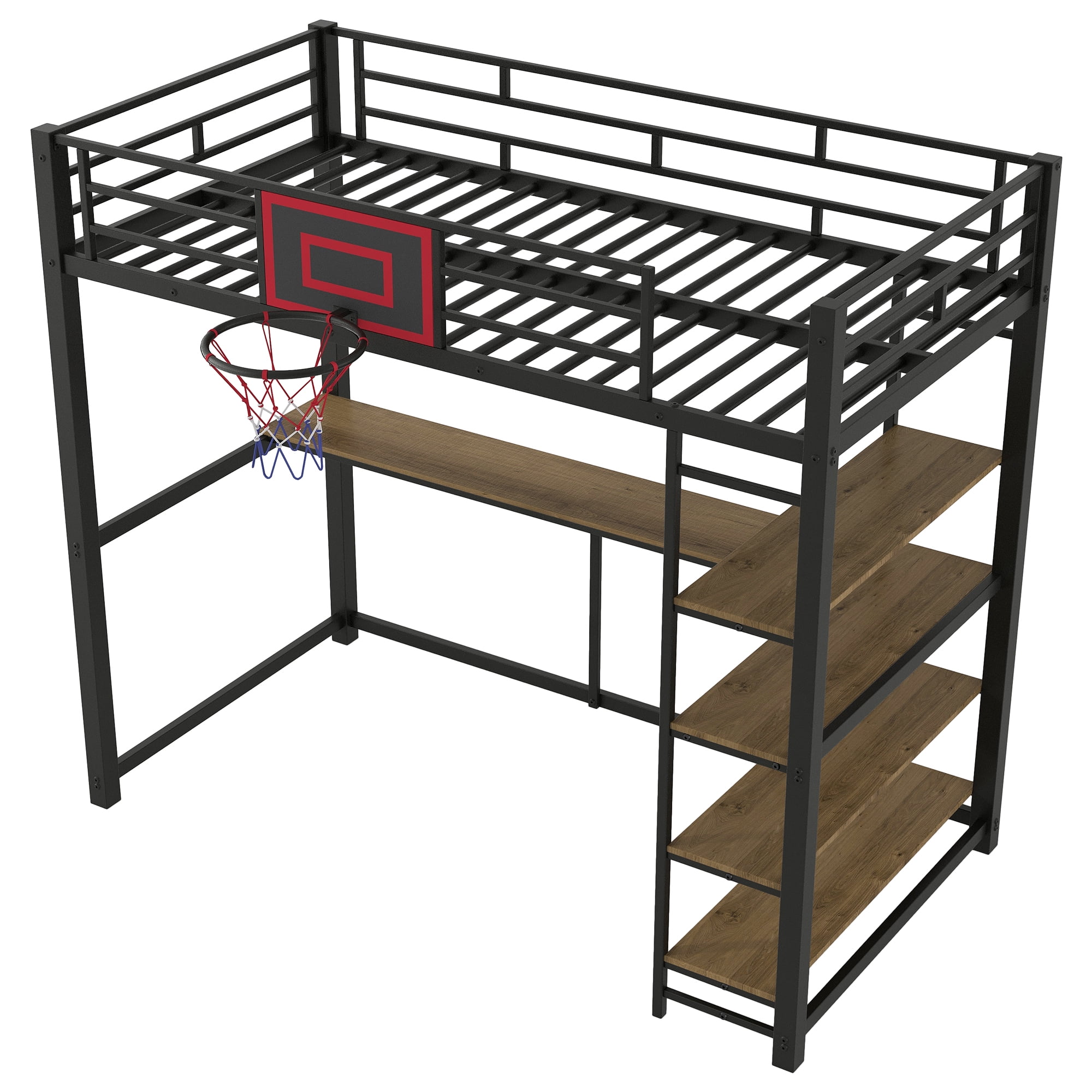 Twin Size Metal Loft Bed with Shelves, Desk and Basketball Hoop, Black ...