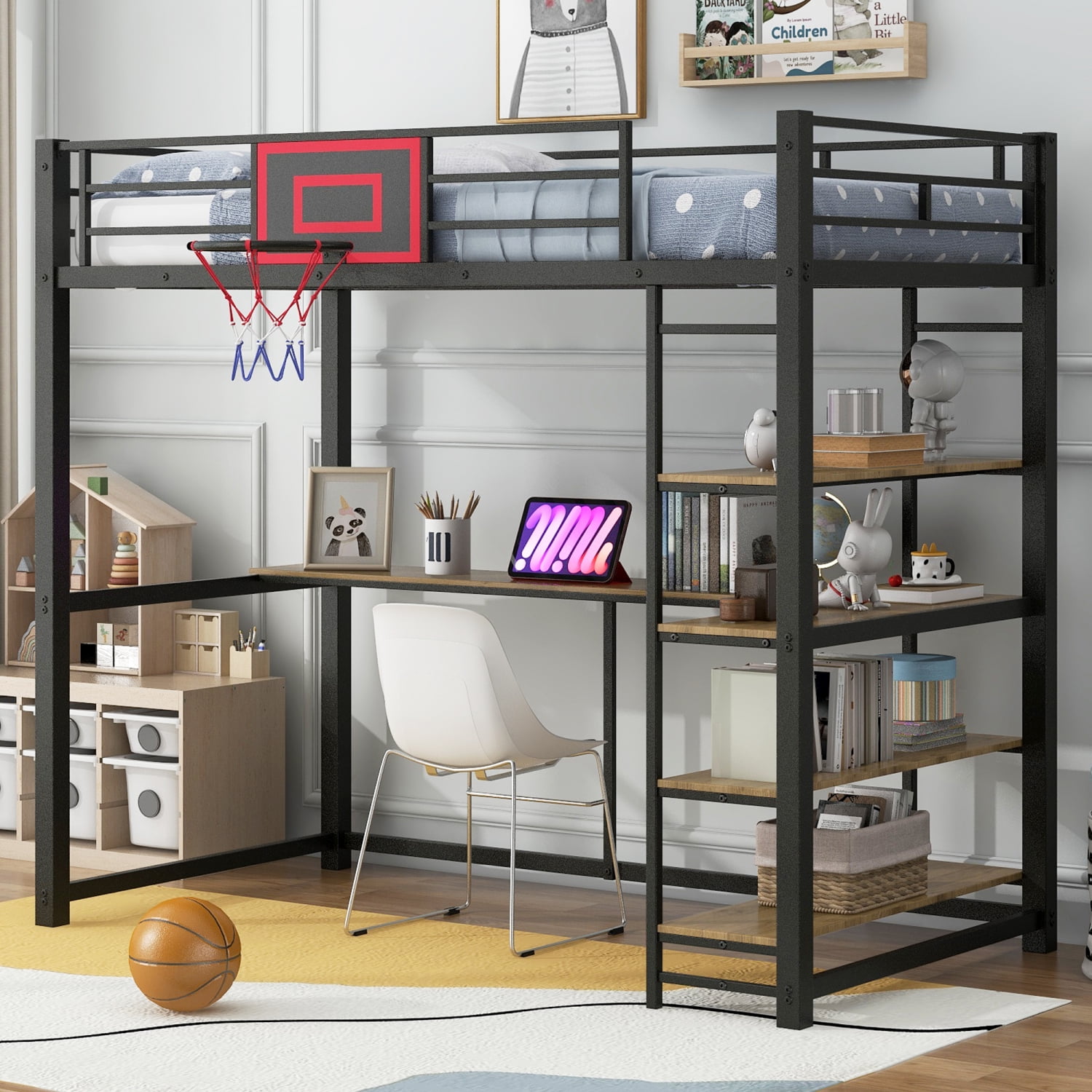Twin Size Metal Loft Bed with Shelves Desk and Basketball hoop Black ...