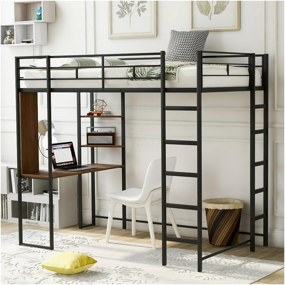 Twin Size Metal Loft Bed with Study Desk & Shelves, Space-Saver for ...