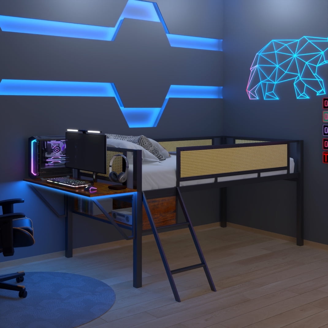 Twin Size Metal Loft Gaming Bed with Desk and LED Lights,Modern Steel ...