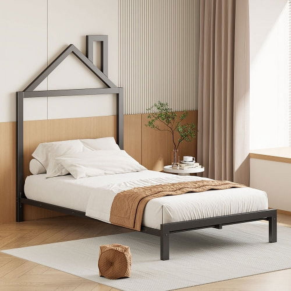 Twin Size Metal Platform Bed with House-Shaped Headboard Design, Black ...
