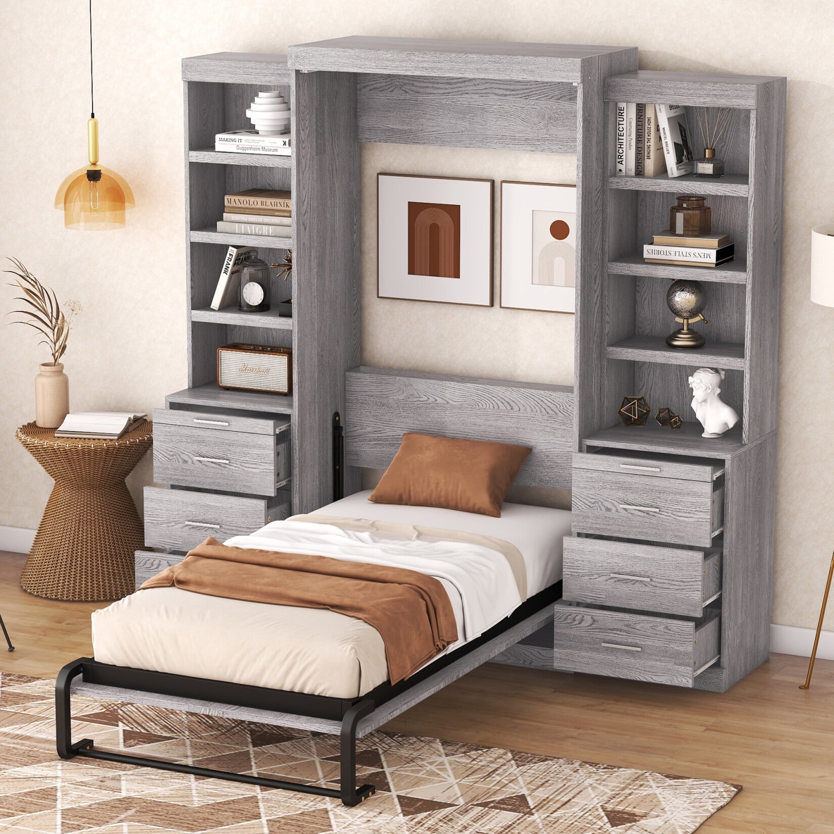 Twin Size Modern Design Vertical Murphy Bed, Hidden Bed with Shelf ...