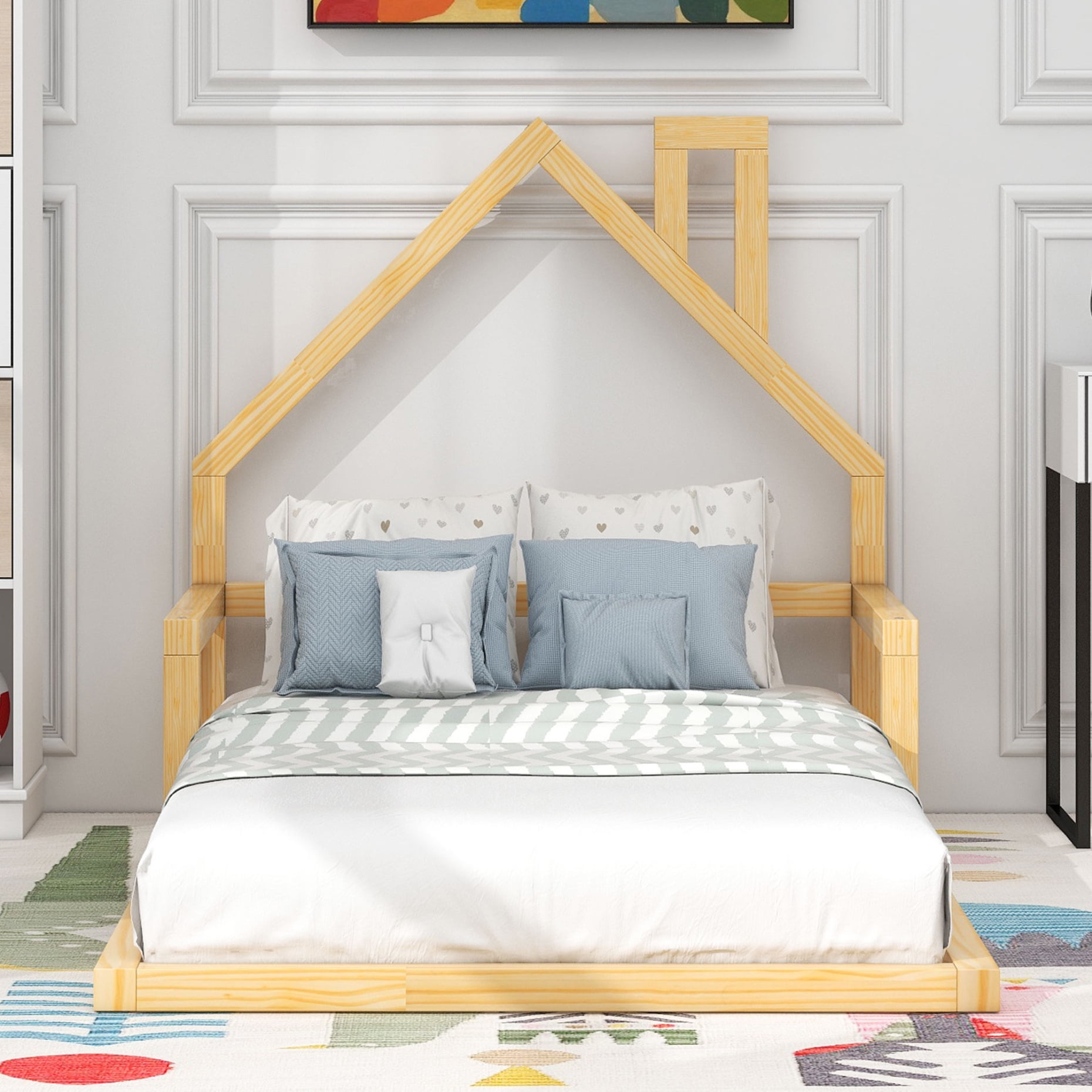 Twin Size Modern Floor Bed with Charming House-Shaped Headboard, Sturdy Solid Pine Wood ...