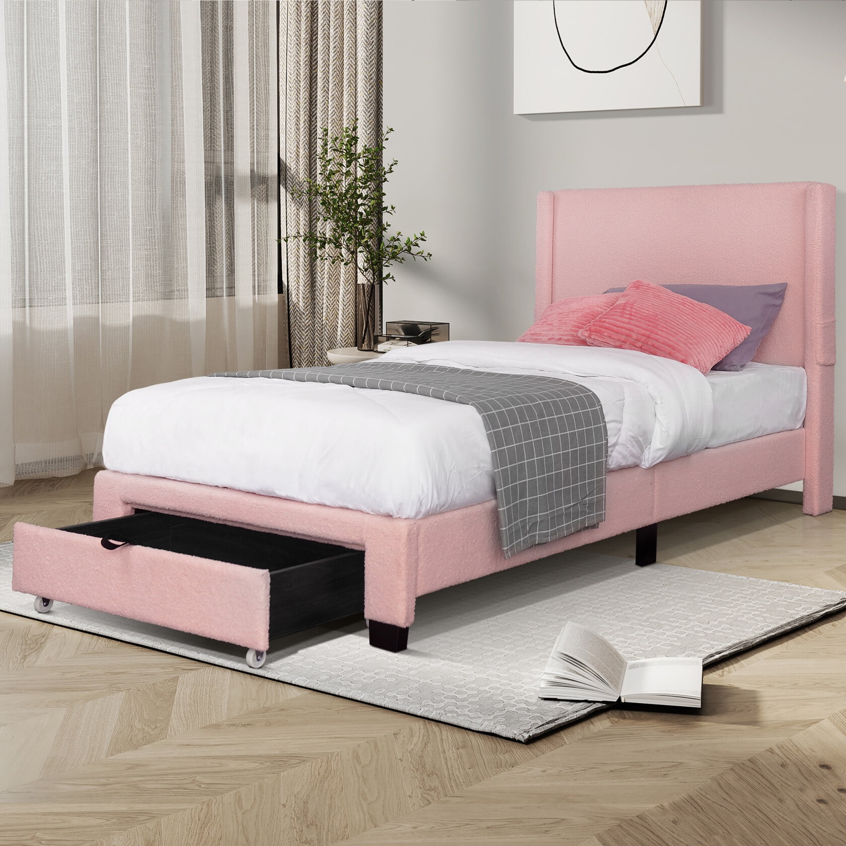 Twin Size Modern Platform Bed with Footboard Storage Big Drawer, Pink ...