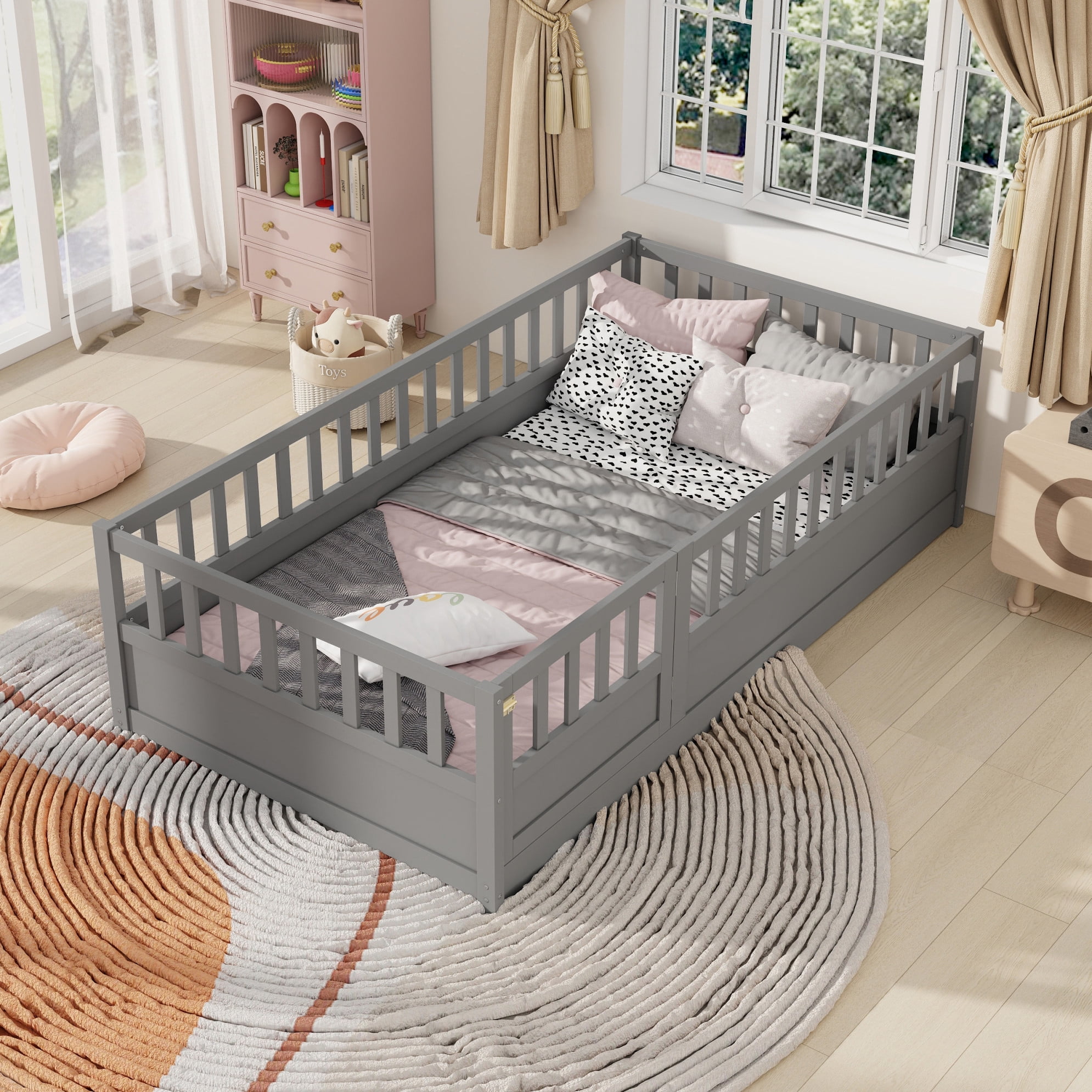 Twin Size Montessori Floor Bed With Fence And Door Pine Floor Toddlers