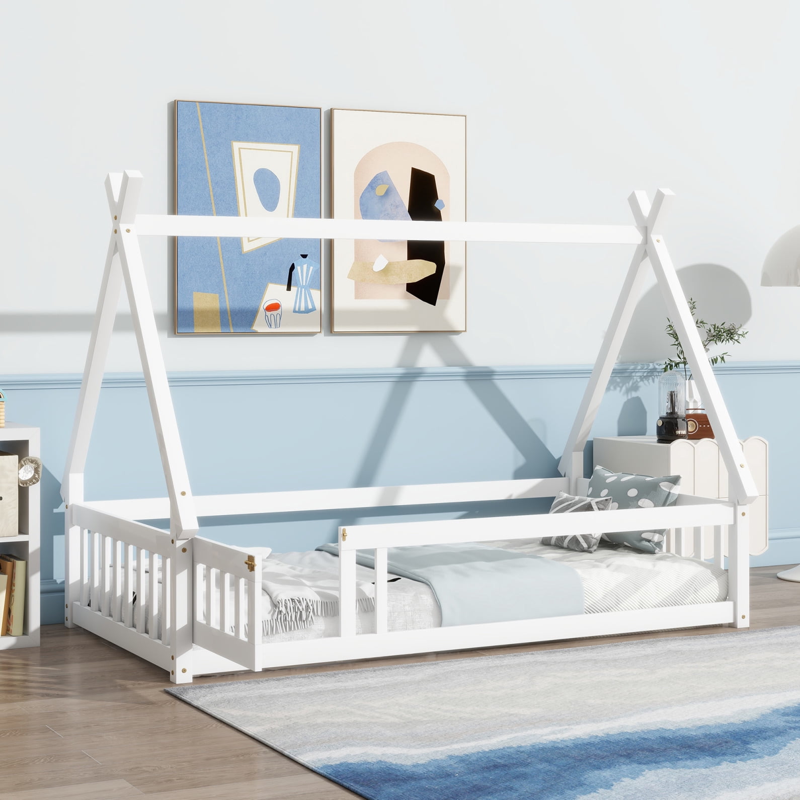 Twin Size Montessori Floor Bed, Tent-Shaped Floor House Bed with Fence ...