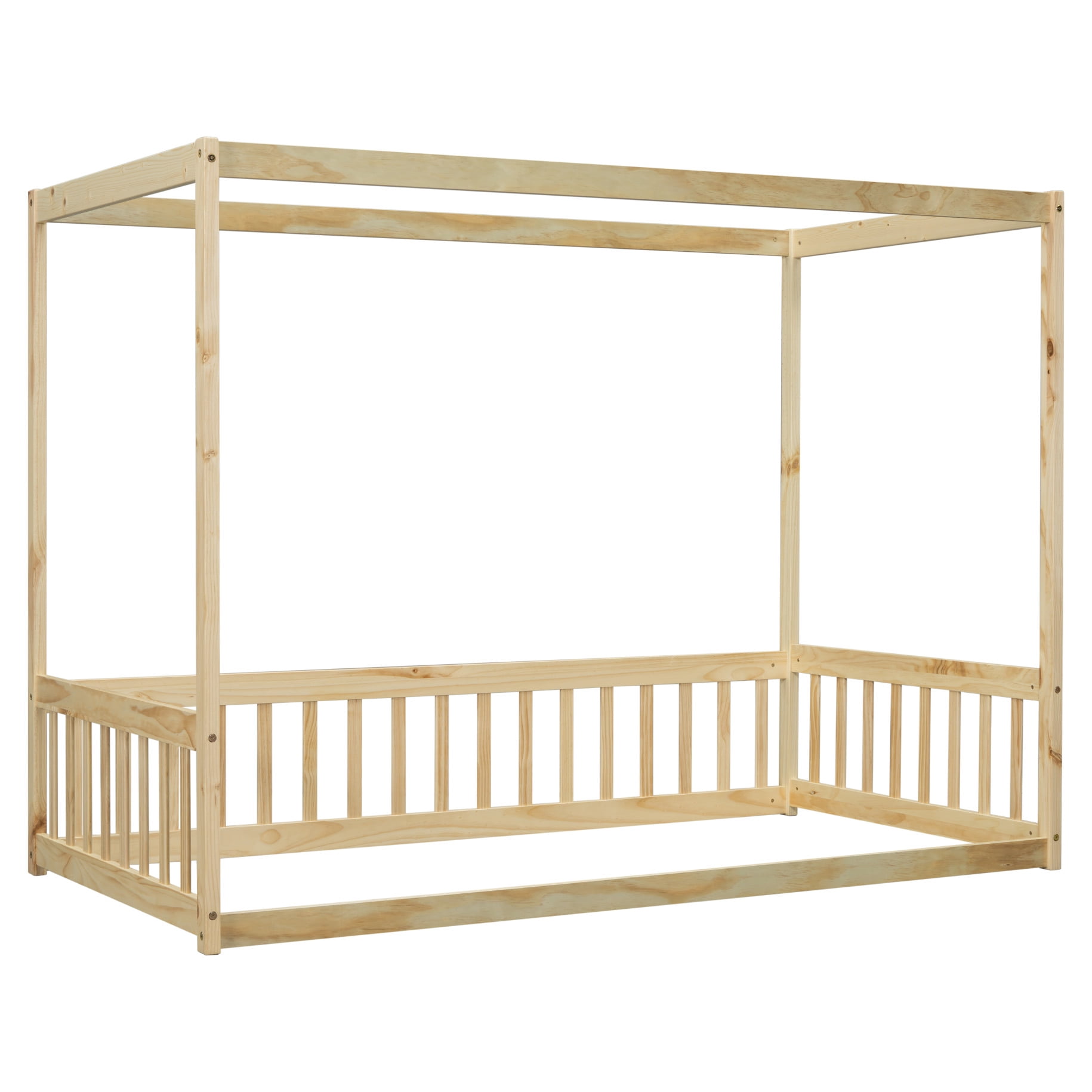 Twin Size Montessori Floor Bed with Guardrails and Canopy Frame, Modern ...