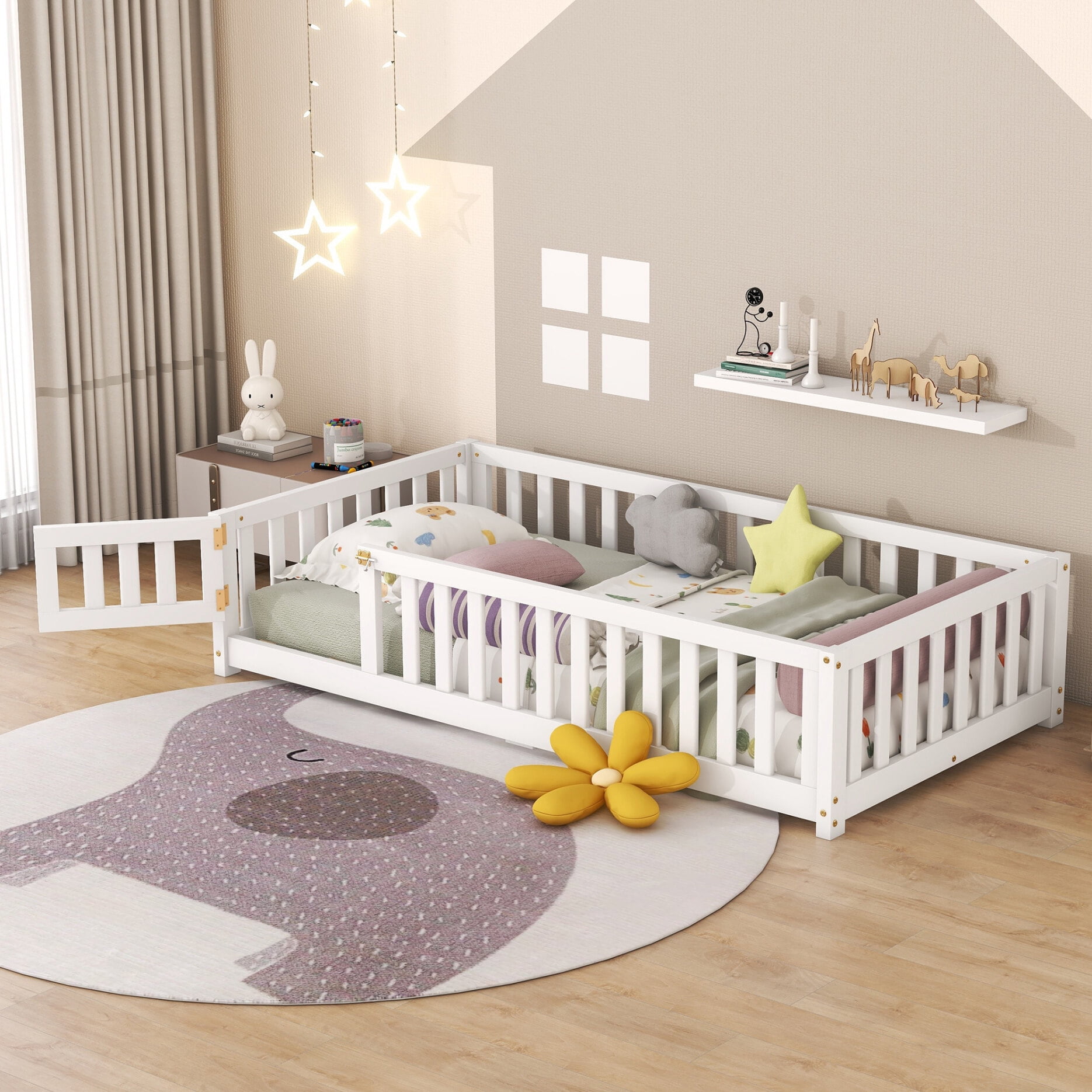 Twin Size Montessori Floor Bed with Safety Guardrails and Door ...