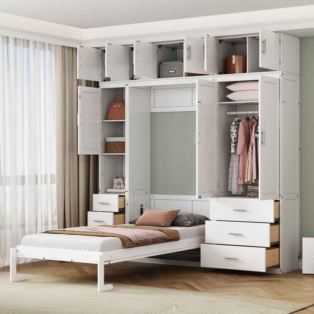 Twin Size Murphy Bed Wall Bed with Lockers and Wardrobes, Foldable ...