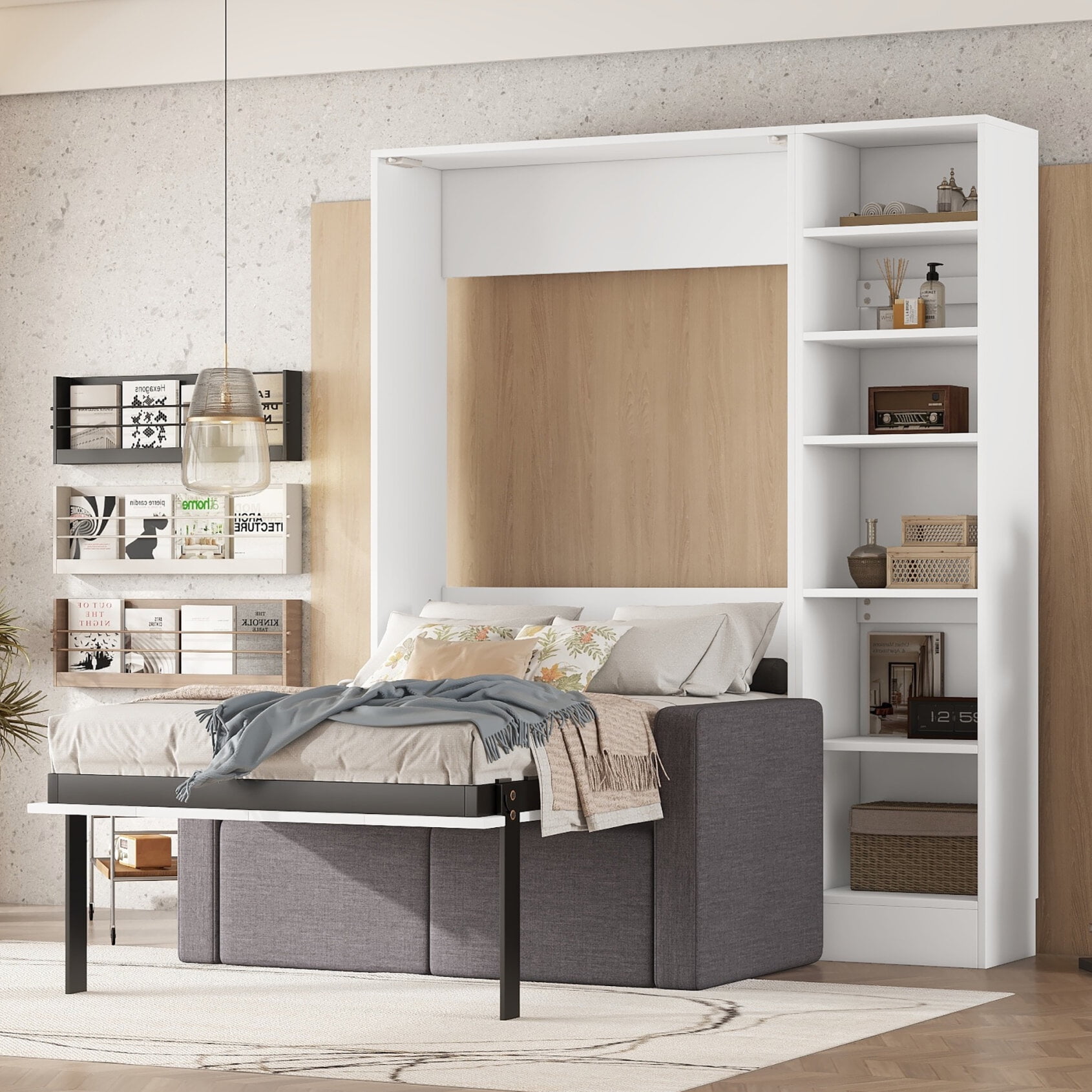 Twin Size Murphy Bed Wall Bed with Sofa and Storage Shelves, Integrated ...