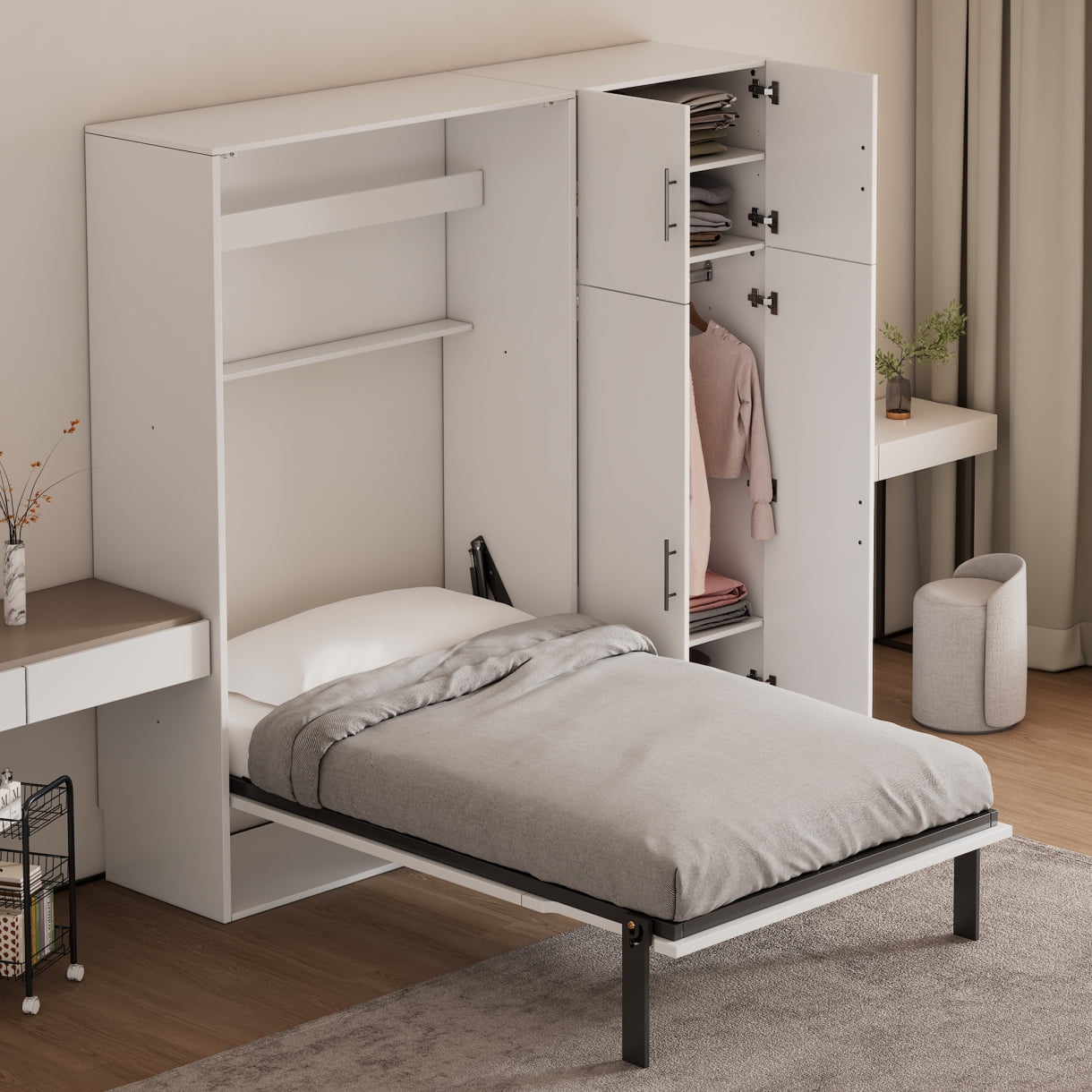 Twin Size Murphy Bed with Storage Lockers and Wardrobes, Foldable ...