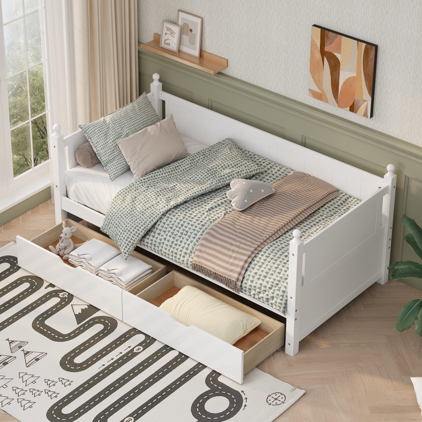 Twin Size Pine Daybed with 2 Drawers, Sturdy Wood Platform Bed Frame ...