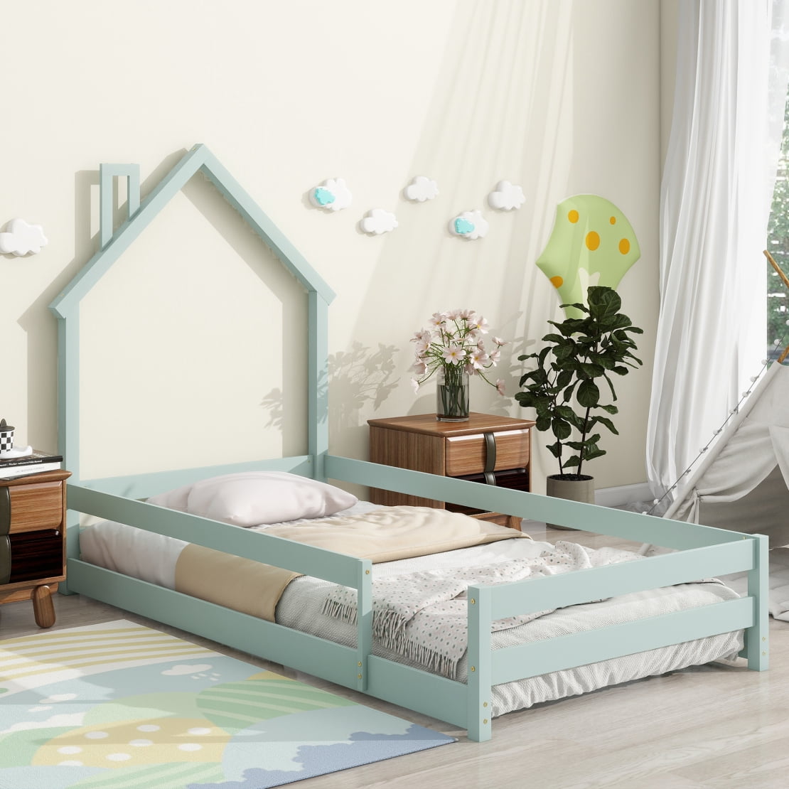 Twin Size Pine Wood Floor Bed with House-shaped Headboard and Wood ...