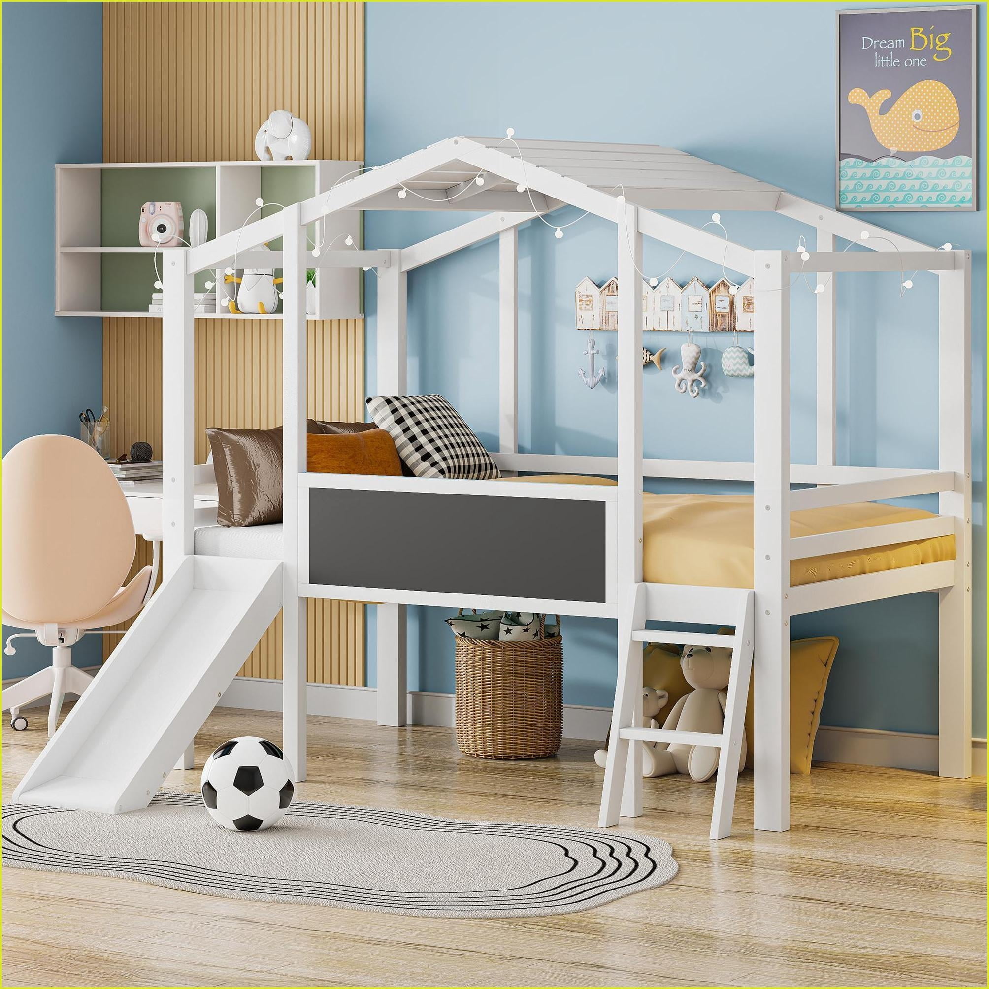 Twin Size Pinewood MDF Loft Bed with Slide, Blackboard & LED Light ...
