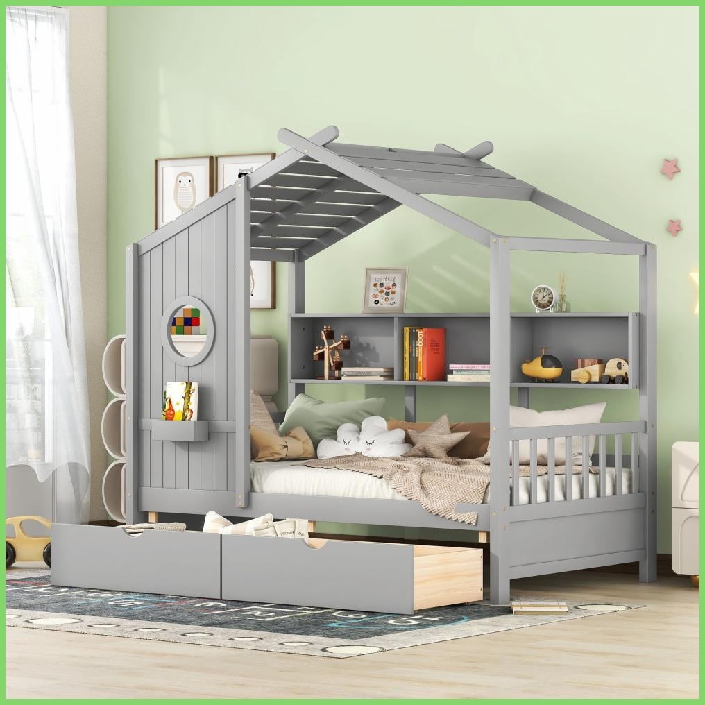 Twin Size Pinewood Platform House Bed with 2 Drawers & Storage Shelf ...