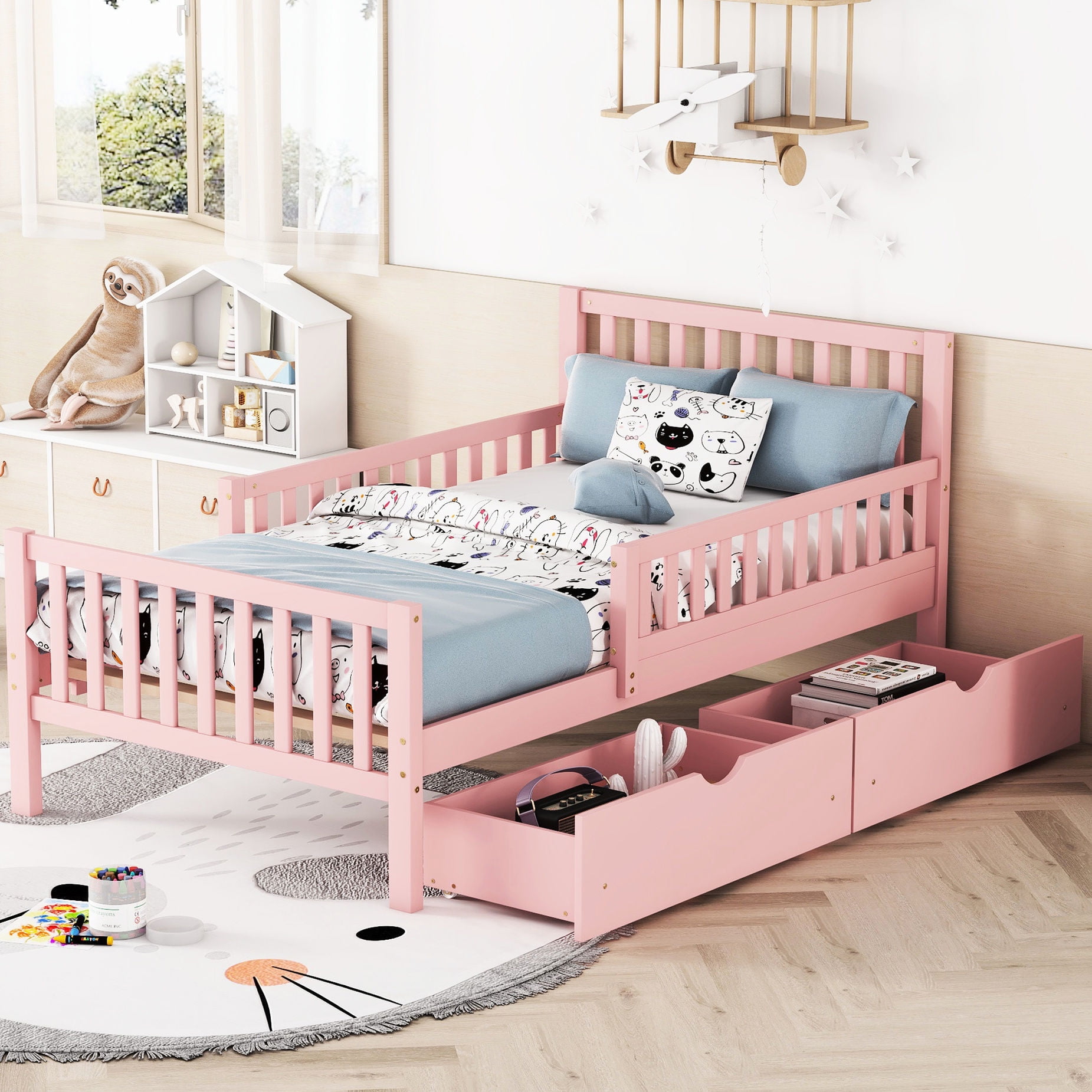 Twin Size Pink Wood Platform | Guardrails and Two Large Storage Drawers ...