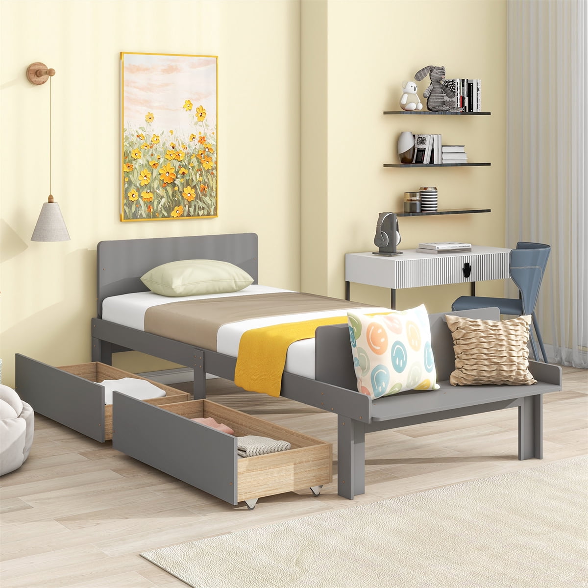 Twin Size Platform Bed with 2 Capacious Drawers of 4 Wheels Each, Solid ...