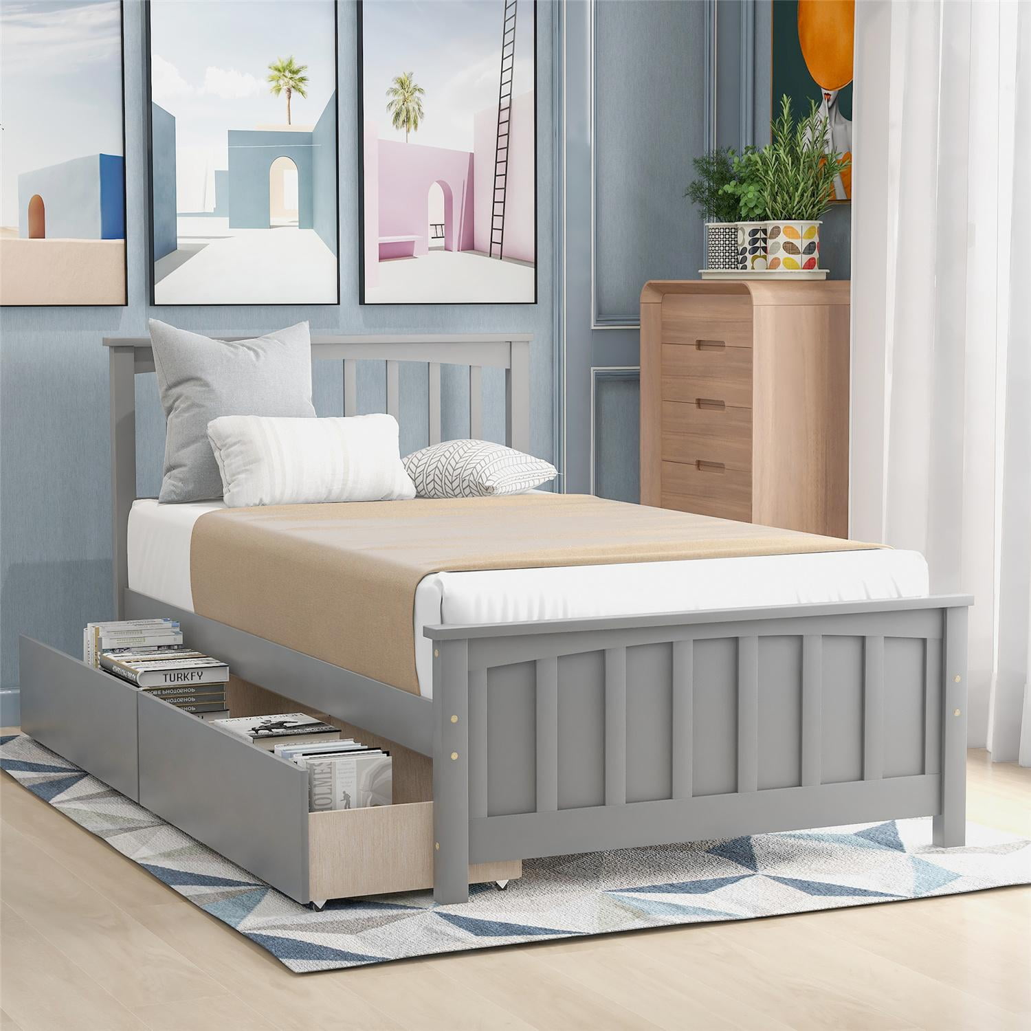 Twin Size Platform Bed with 2 Drawers, Wood Bed Frame with backboard ...