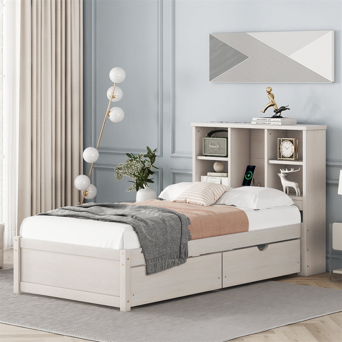 Twin Size Platform Bed with Built-in USB Port on Bookcase Headboard and ...
