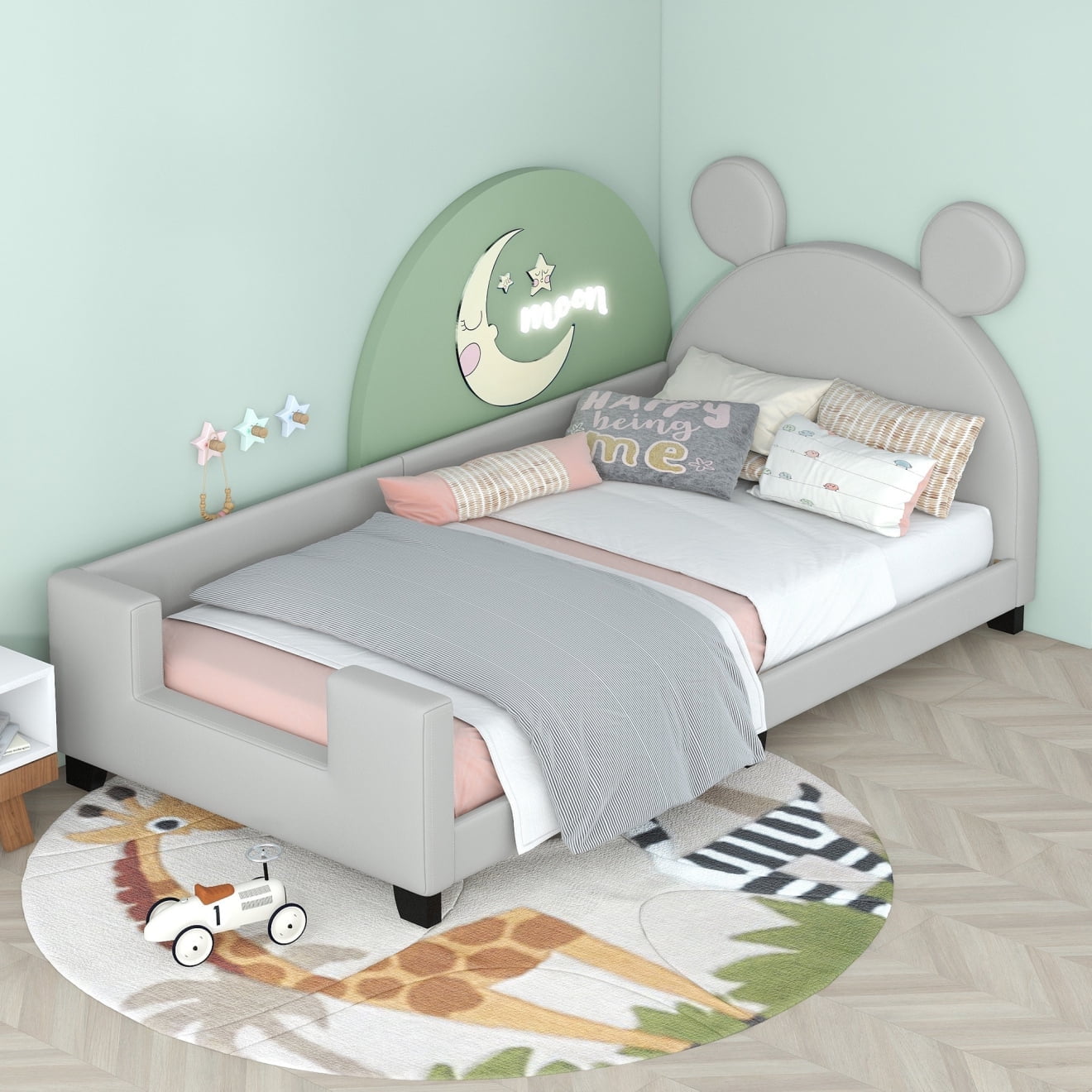 Twin Size Platform Bed with Carton Ears Shaped Headboard,Lovely Daybed for Girls Boys,Cute PU ...