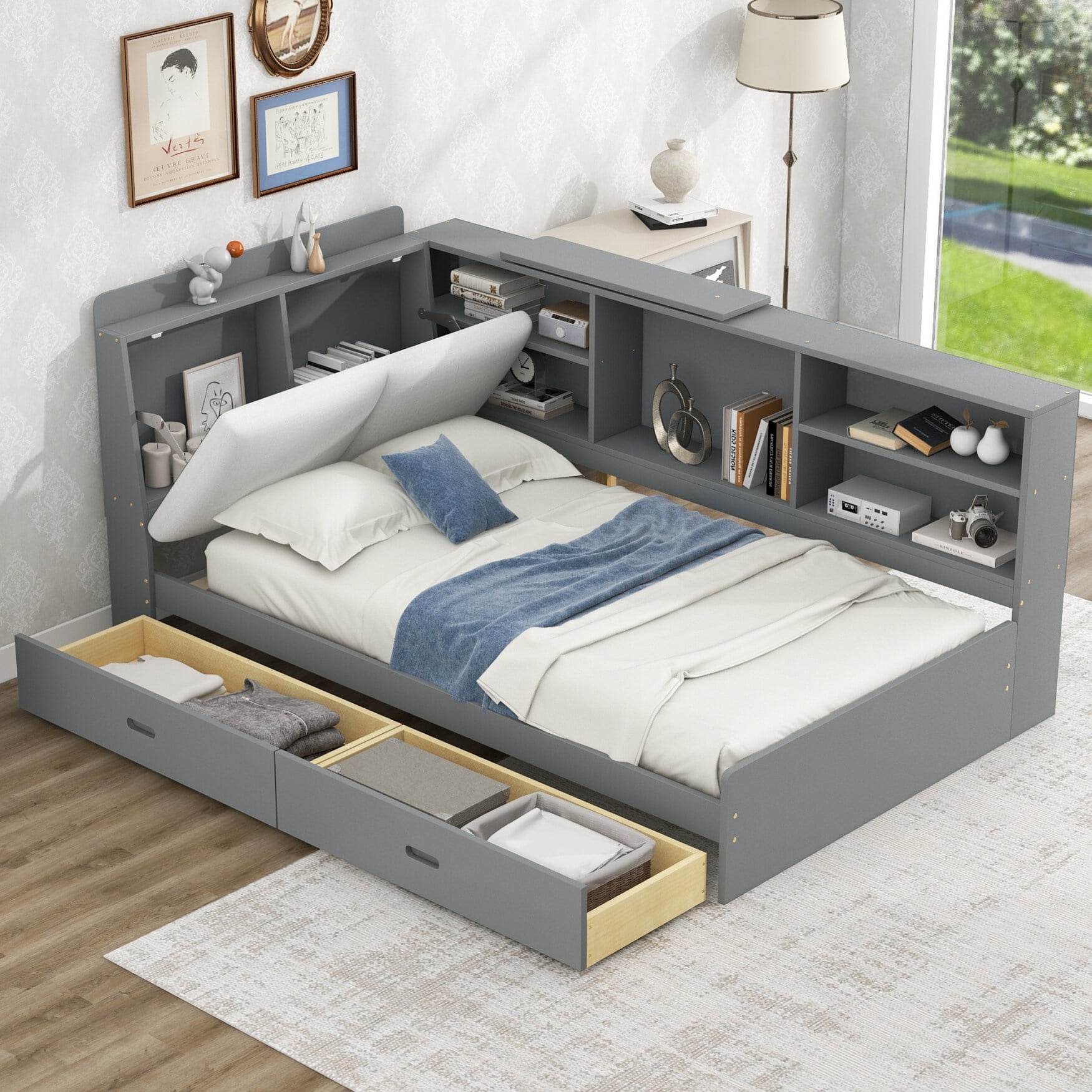 Twin Size Platform Bed, Corner Bed Frame with Bookcase and Storage ...