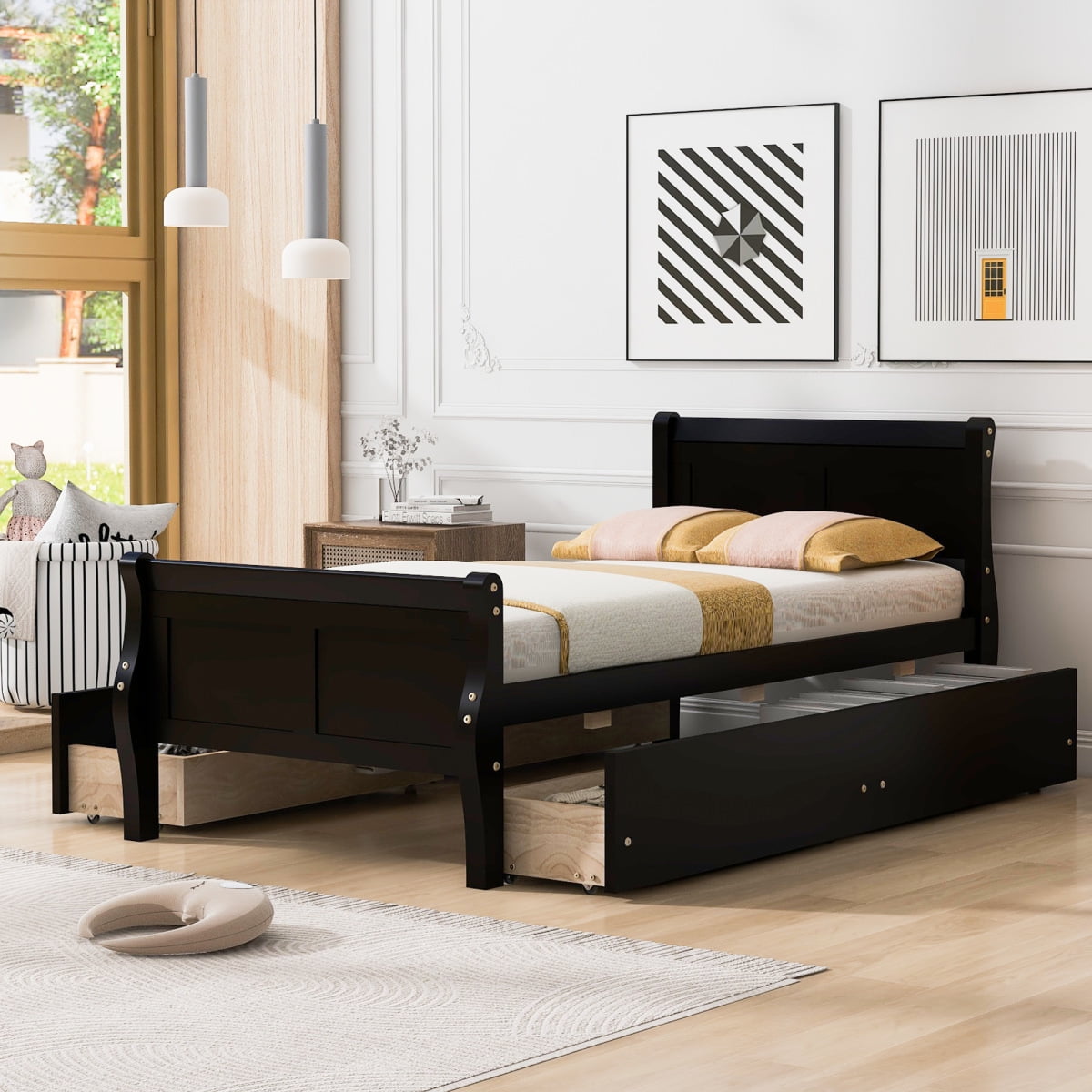 Twin Size Platform Bed Frame with 4 Drawers, Solid Wood Bed Frame with ...