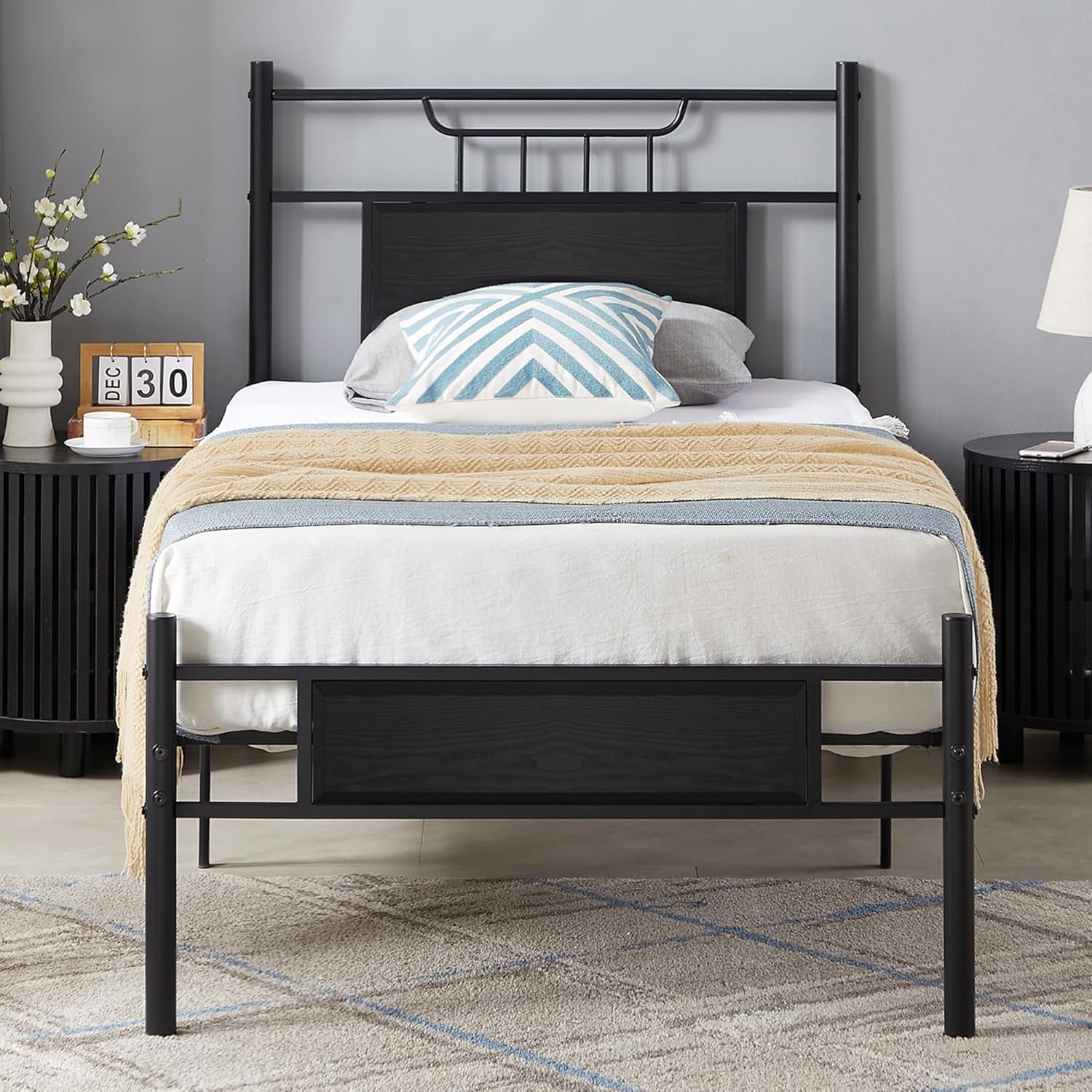 Twin Size Platform Bed Frame with Wood Headboard and Premium Steel ...
