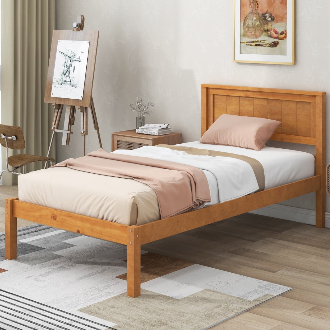 Twin Size Platform Bed with Headboard, Mid Century Solid Wood Bed Frame ...