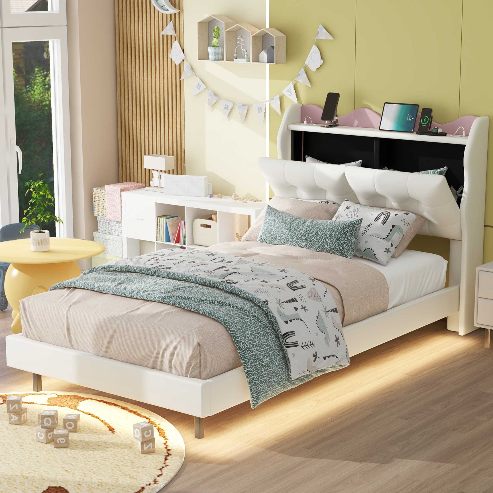 Twin Size Platform Bed with LED Light Strips, Upholstery Floating Bed ...