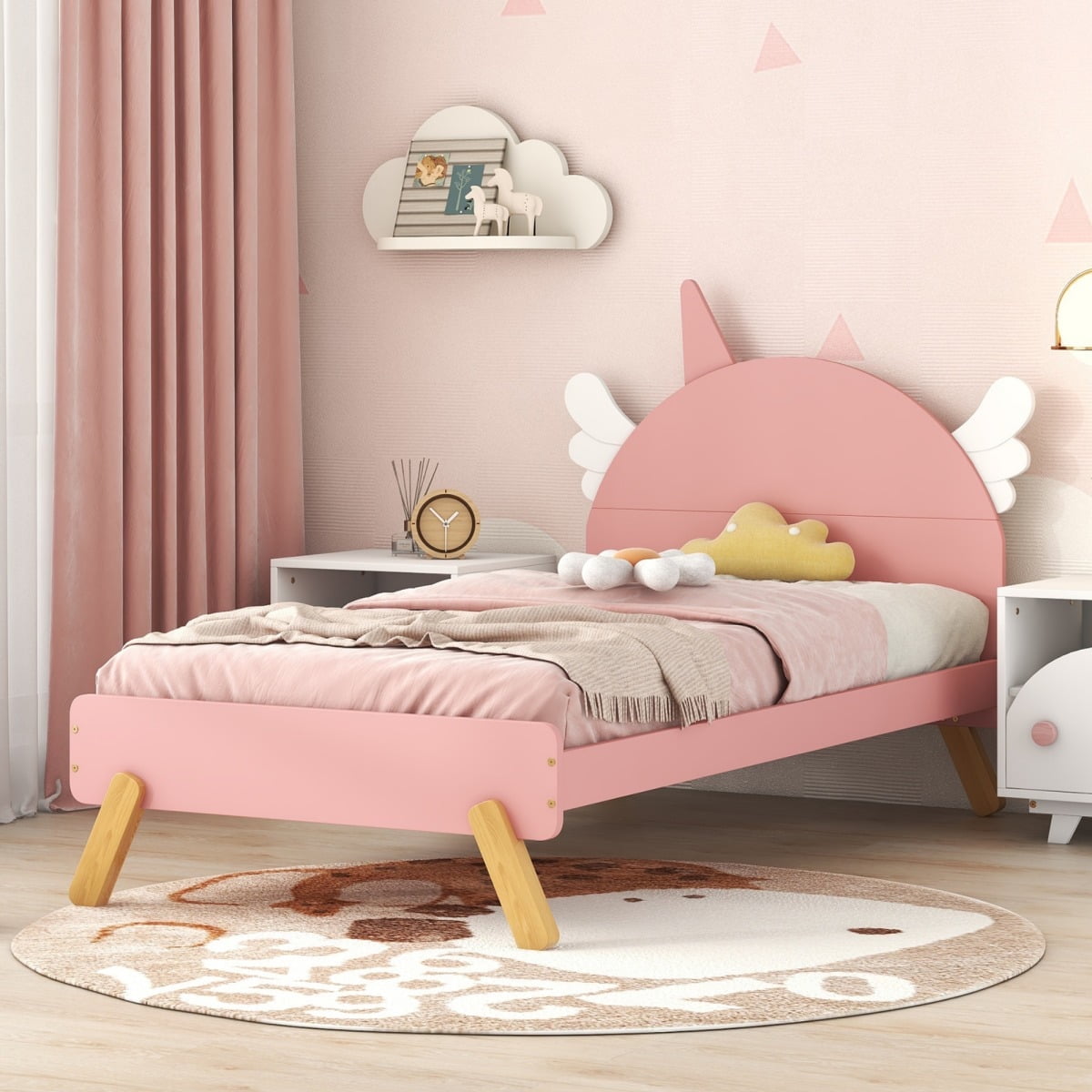 Twin Size Platform Bed, Modern Wooden Cute Bed Frame with Unicorn Shape ...