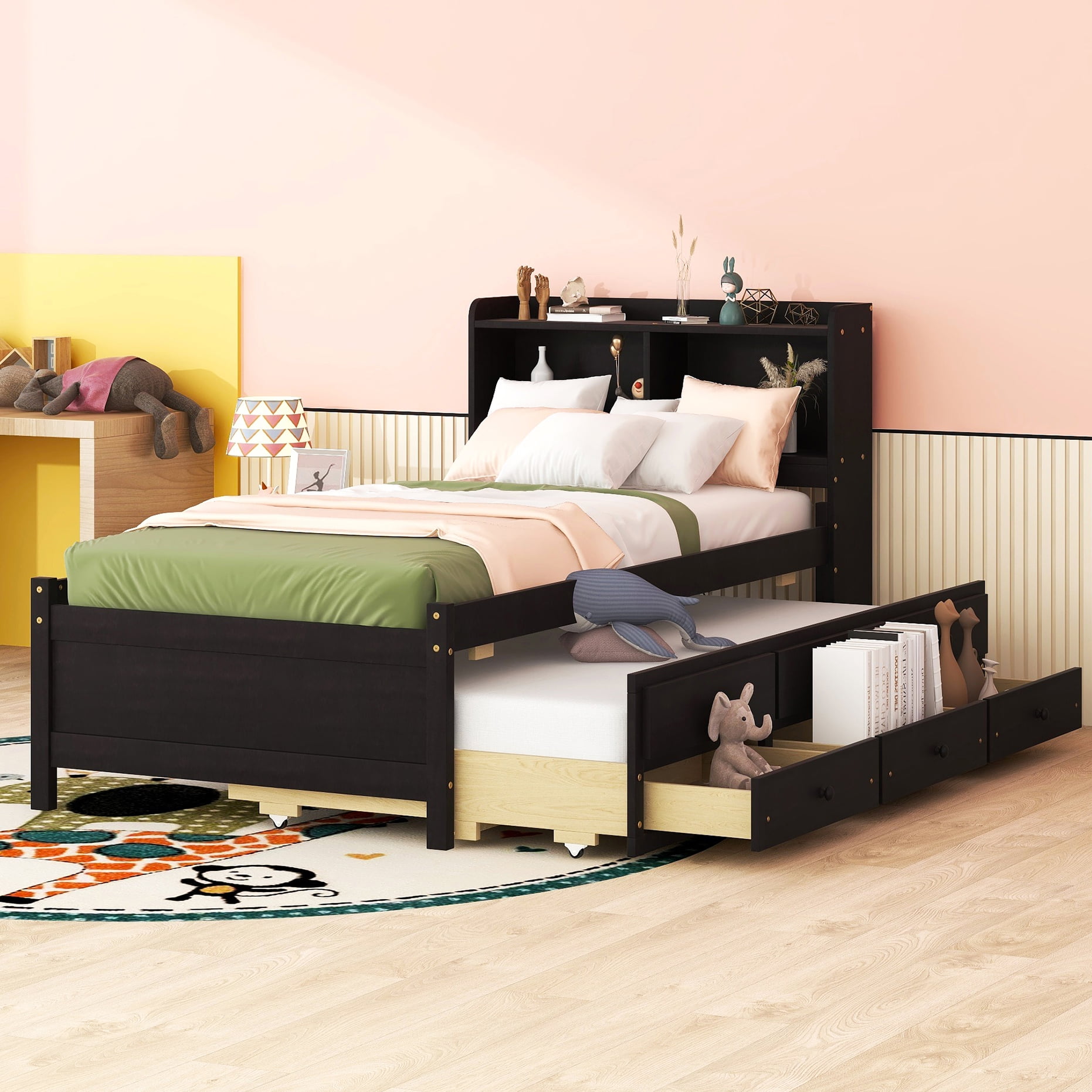 Twin Size Platform Bed with Twin Trundle and 3 Drawers, Wooden Twin ...