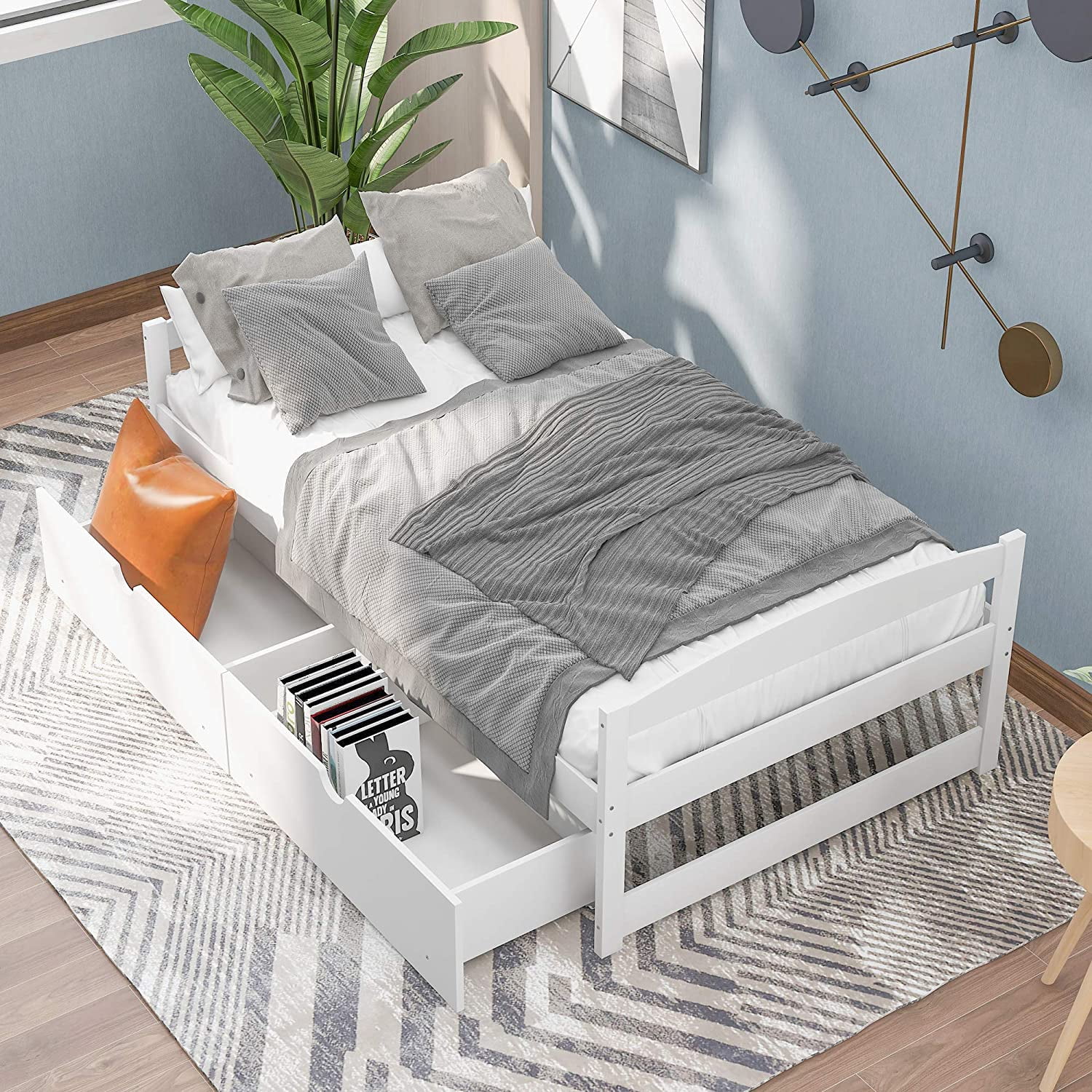Twin Size Platform Bed with Two Storage Drawers, Solid Wood Bed Frames ...
