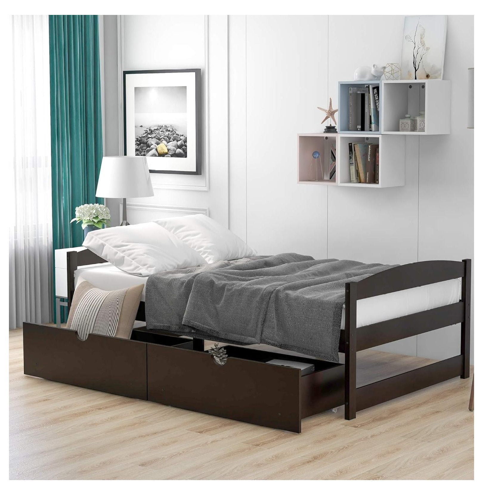 Twin Size Platform Bed with Two Storage Drawers, Solid Wood Bed Frames ...